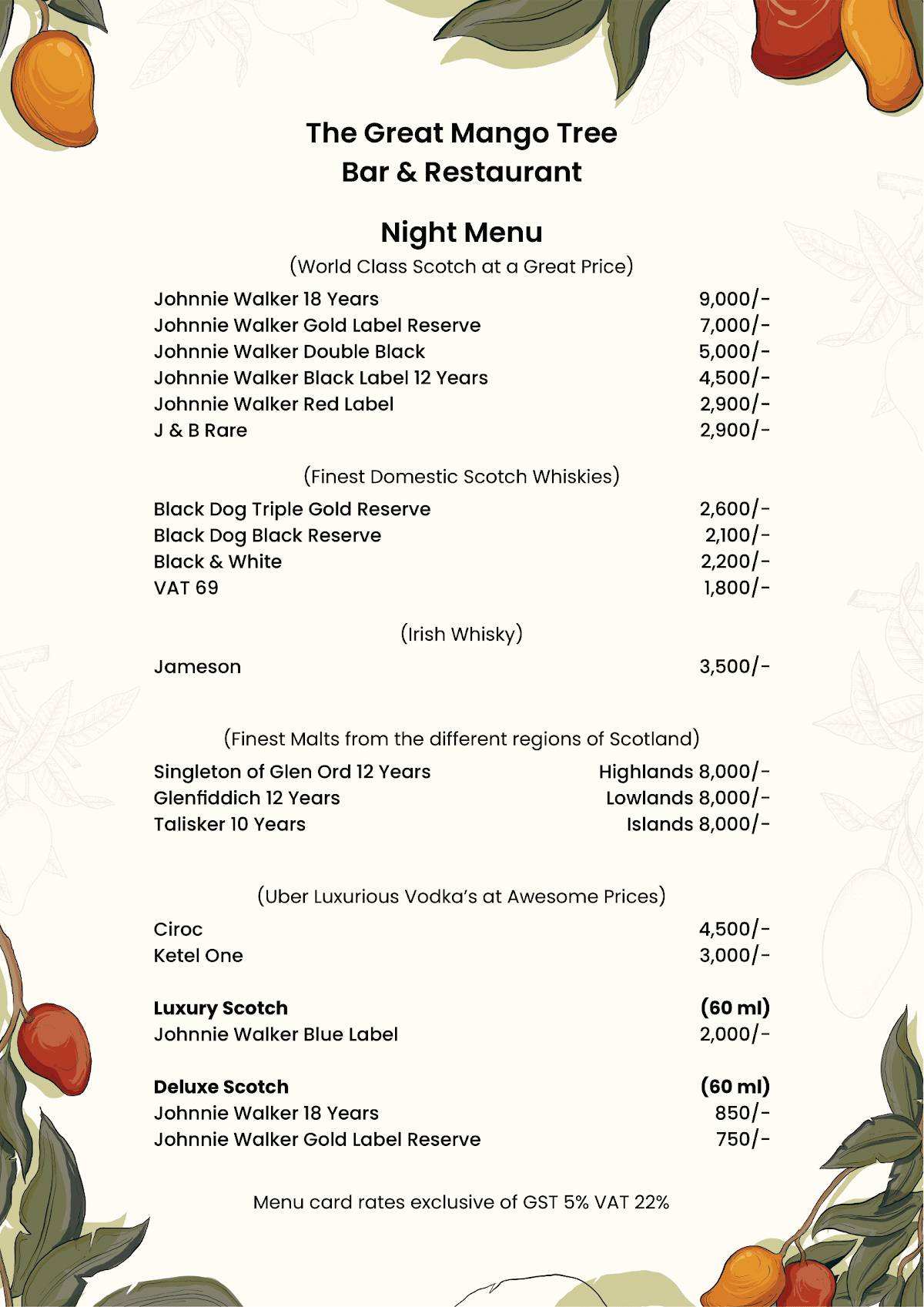 Menu at The Great Mango Tree, Vagator