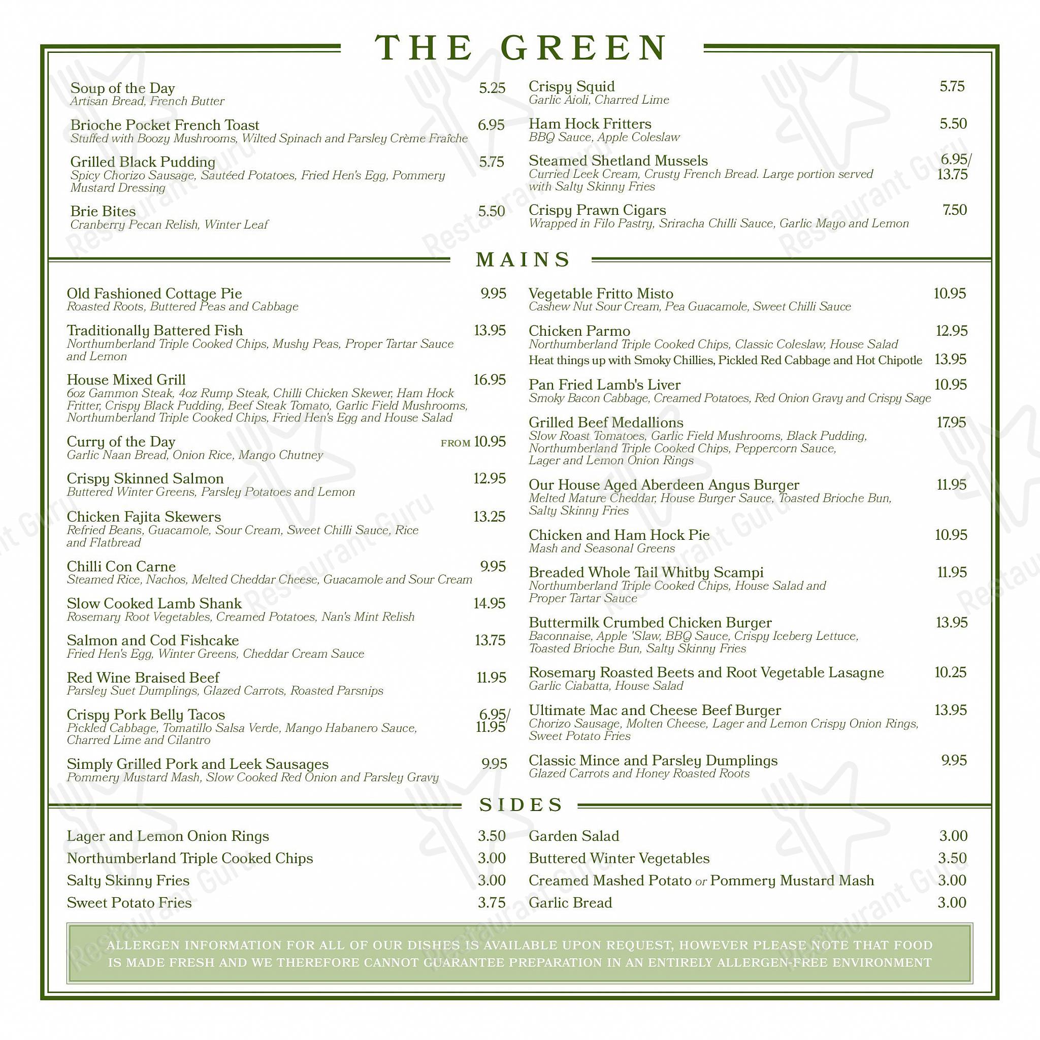 Menu at The Green pub & bar, Gateshead, White Mare Pool