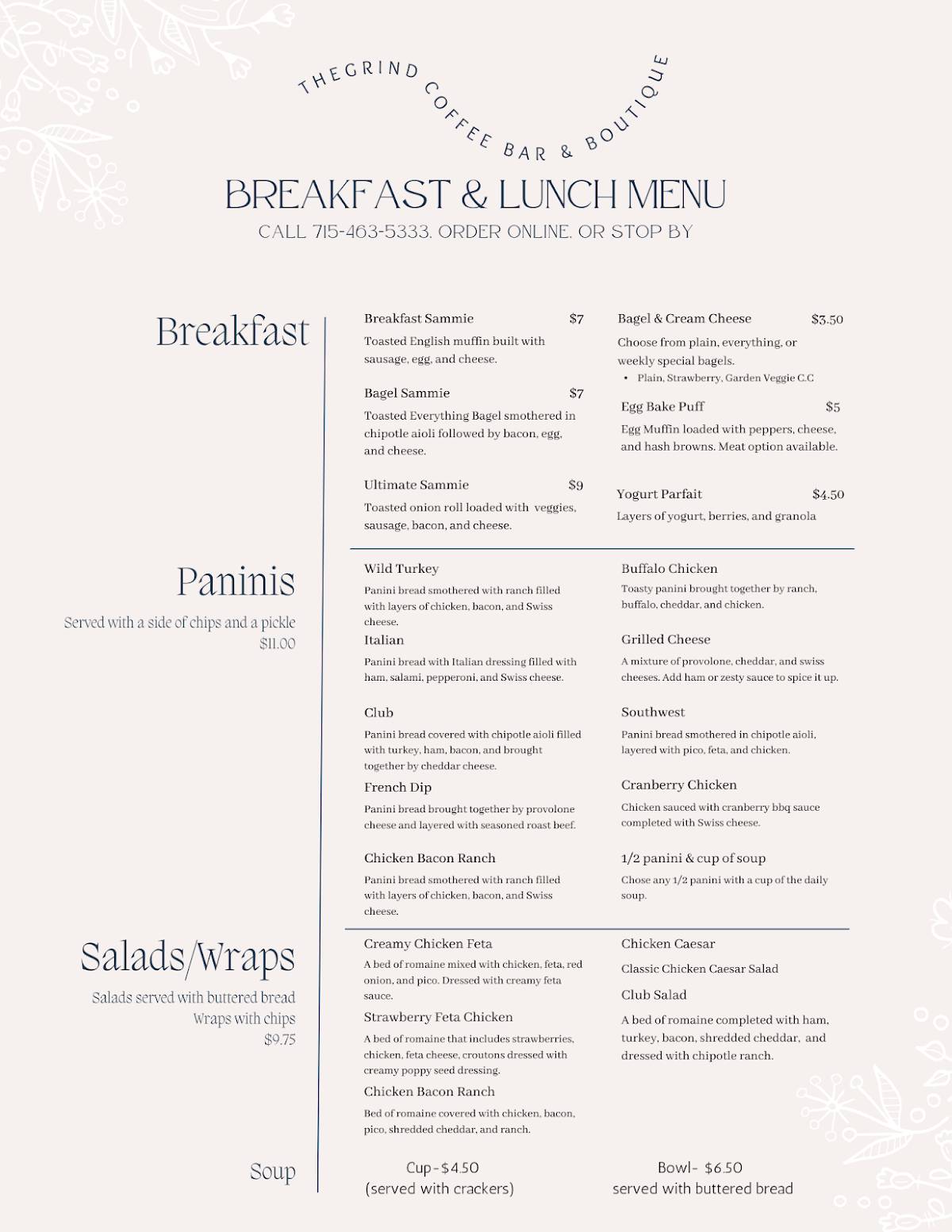 Menu at The Grind Coffee Bar & Boutique, Grantsburg