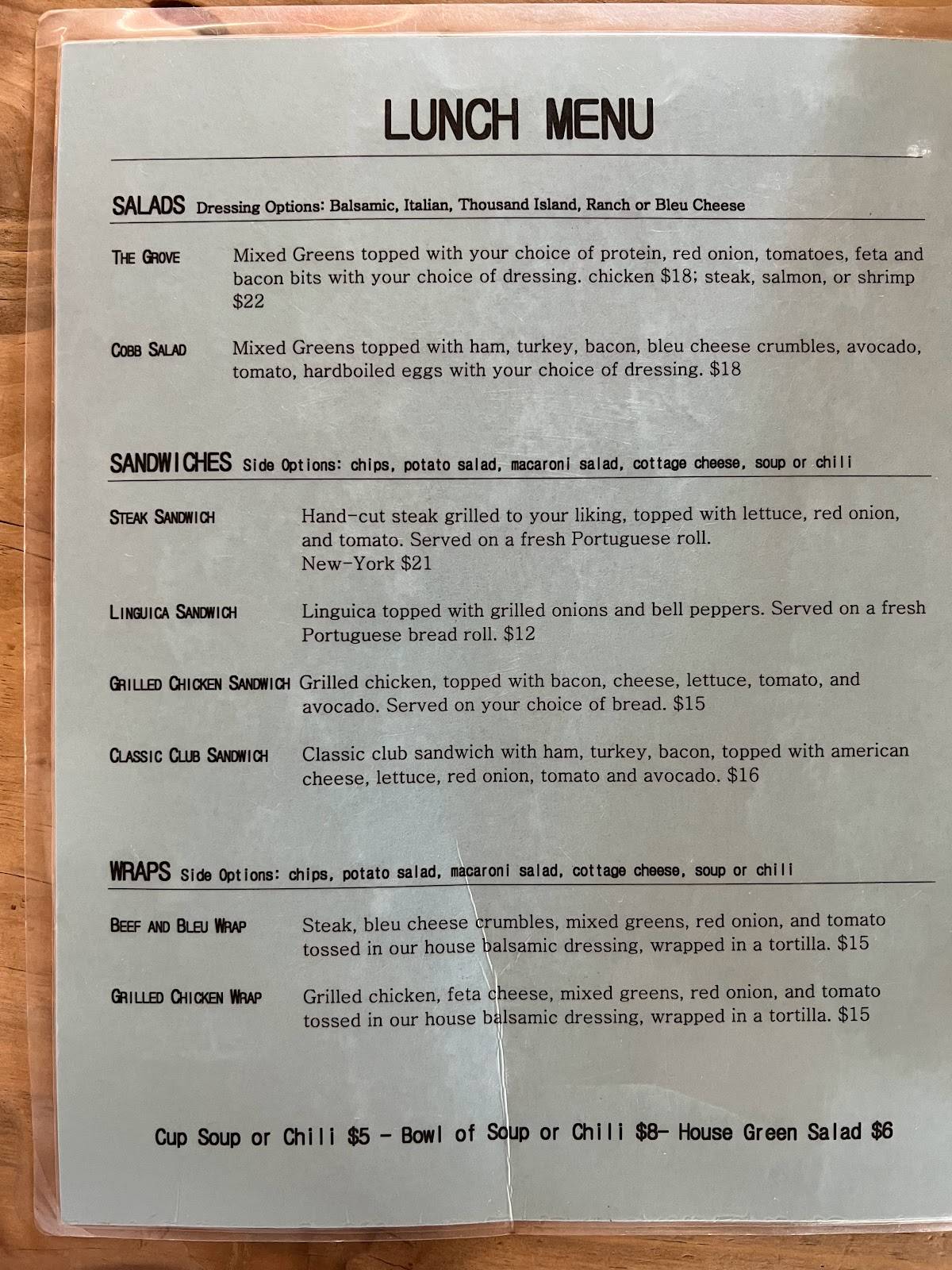 Menu at The Grove Restaurant & Bar, Stevinson