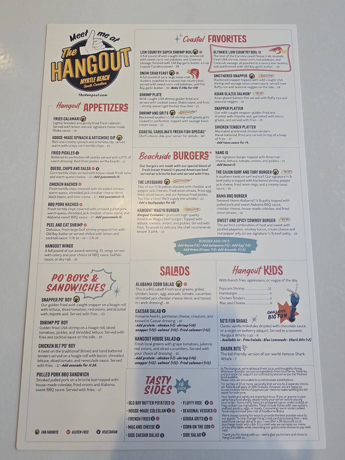 Menu at The Hangout pub & bar, Myrtle Beach, Celebrity Cir