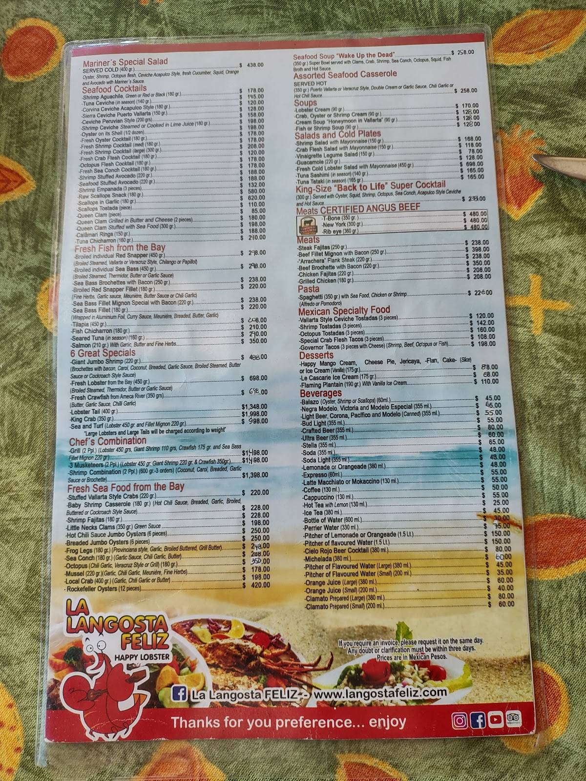 Menu at The Happy Lobster restaurant, Puerto Vallarta