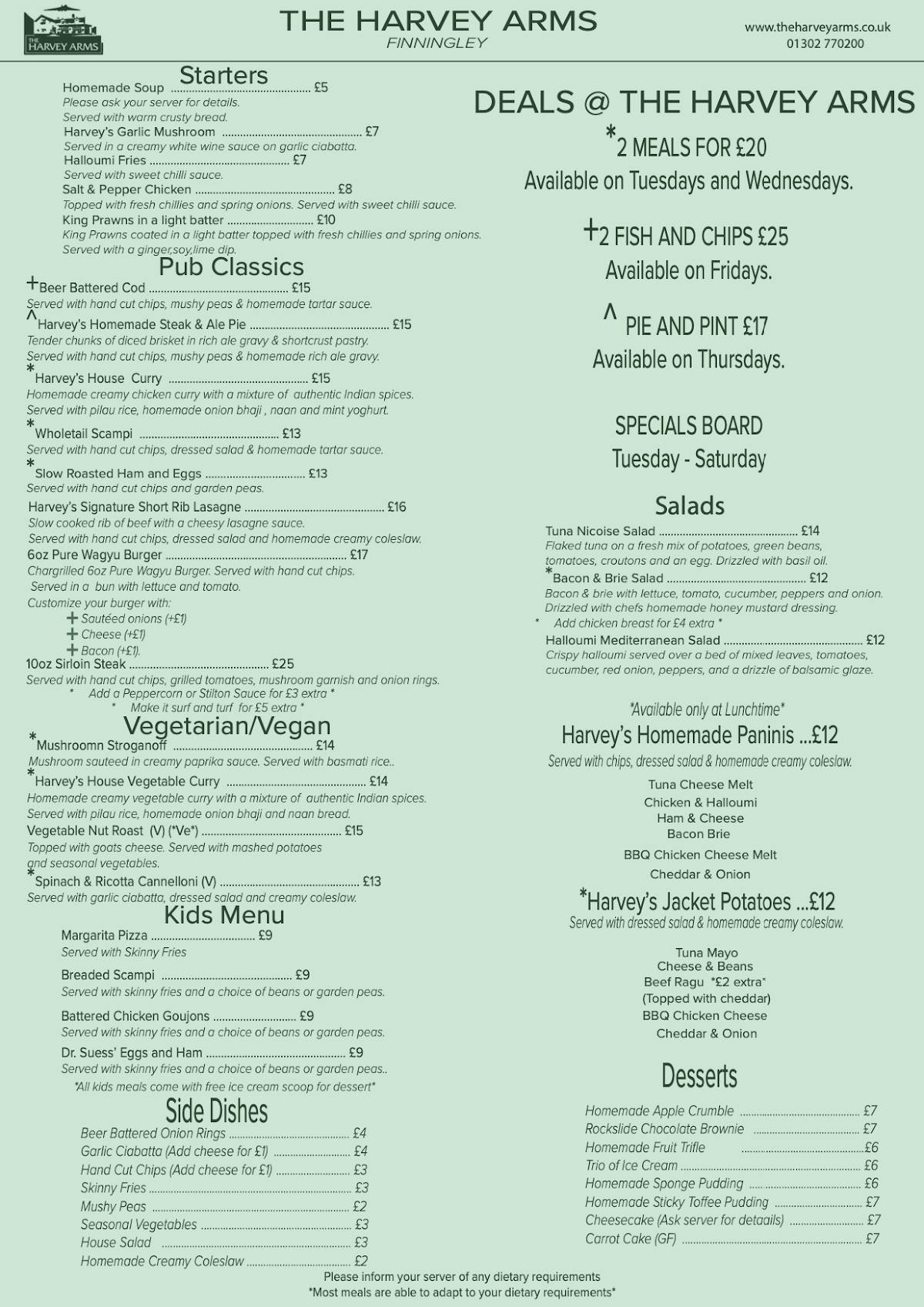 Menu at The Harvey Arms pub & bar, Auckley