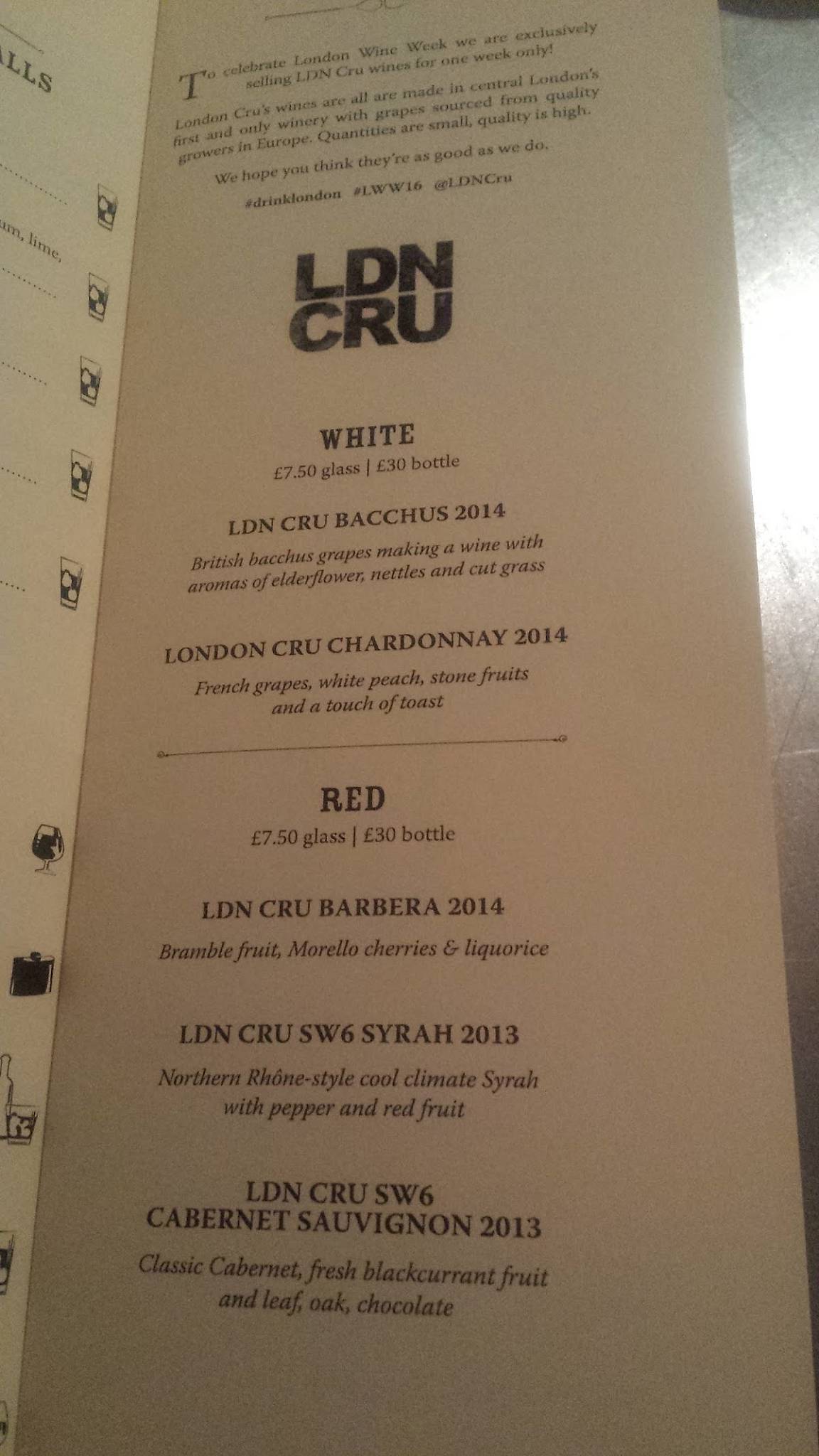 Menu at The Hide Bar, London