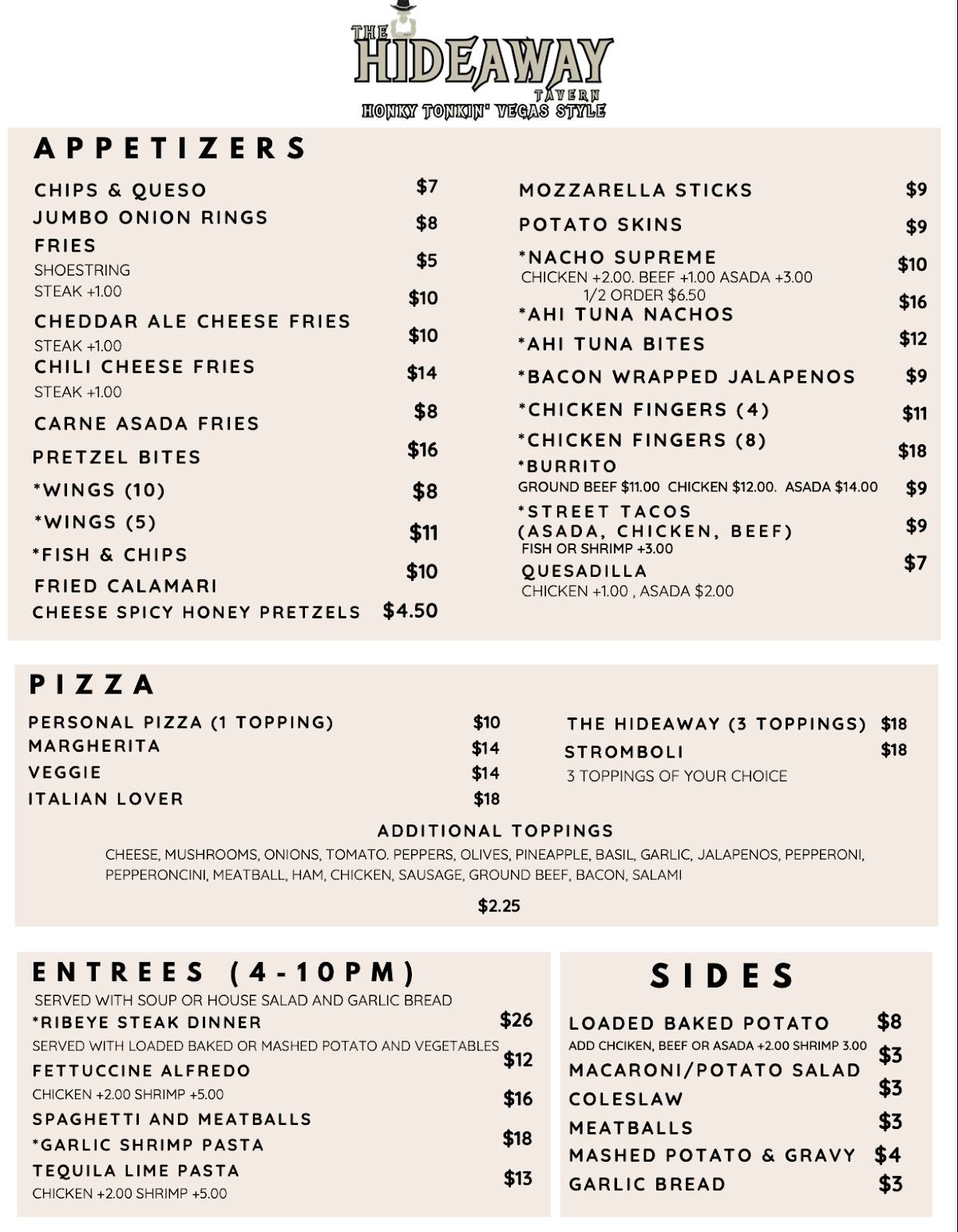 Menu at The Hideaway Tavern pub & bar, Las Vegas, Thom Blvd