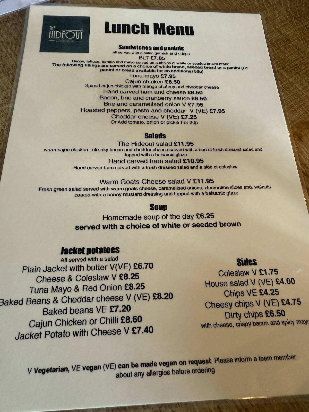 Menu at The Hideout cafe, Market Drayton
