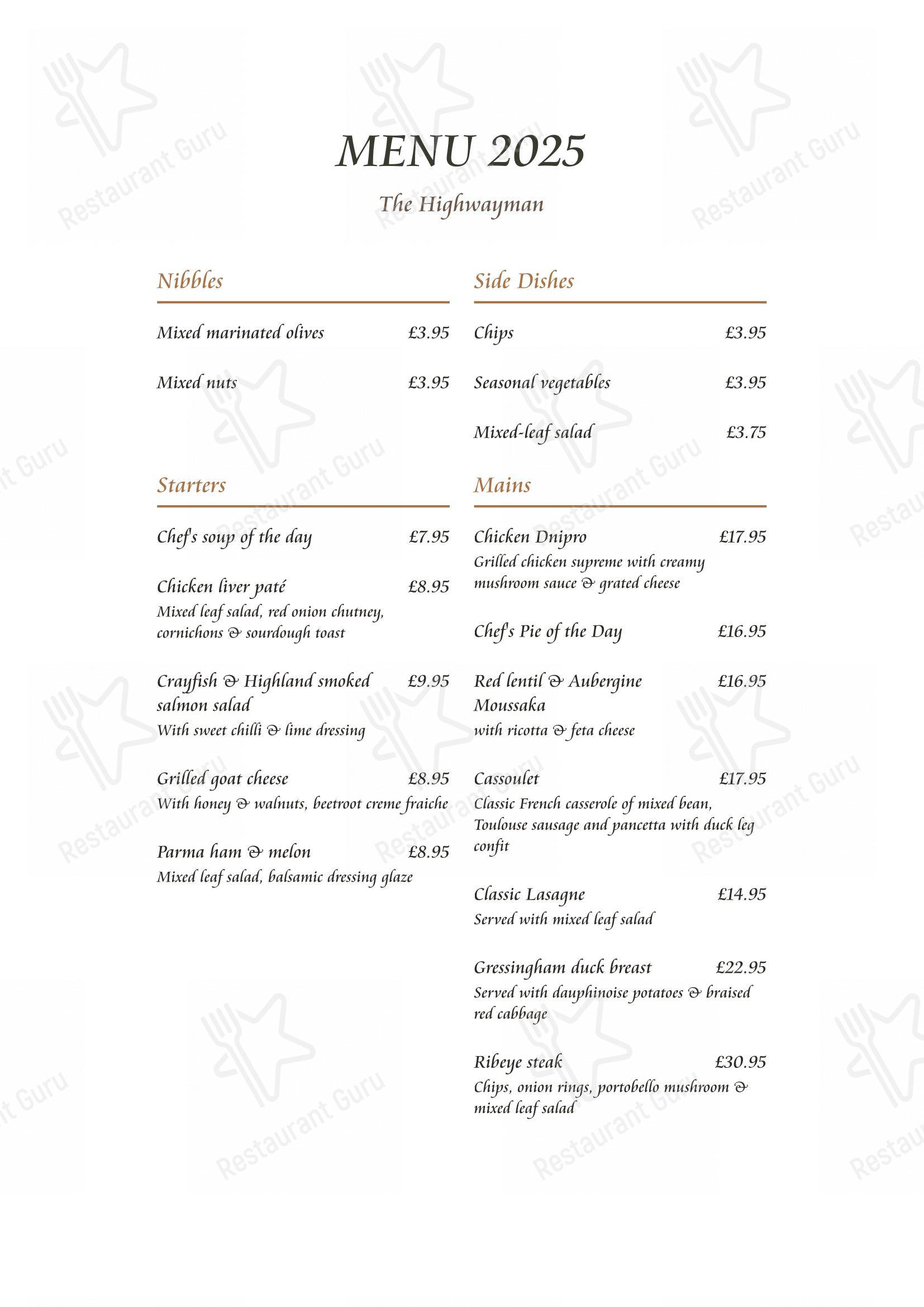 Menu at The Highwayman Pub & Restaurant, Needham Market, Norwich Rd