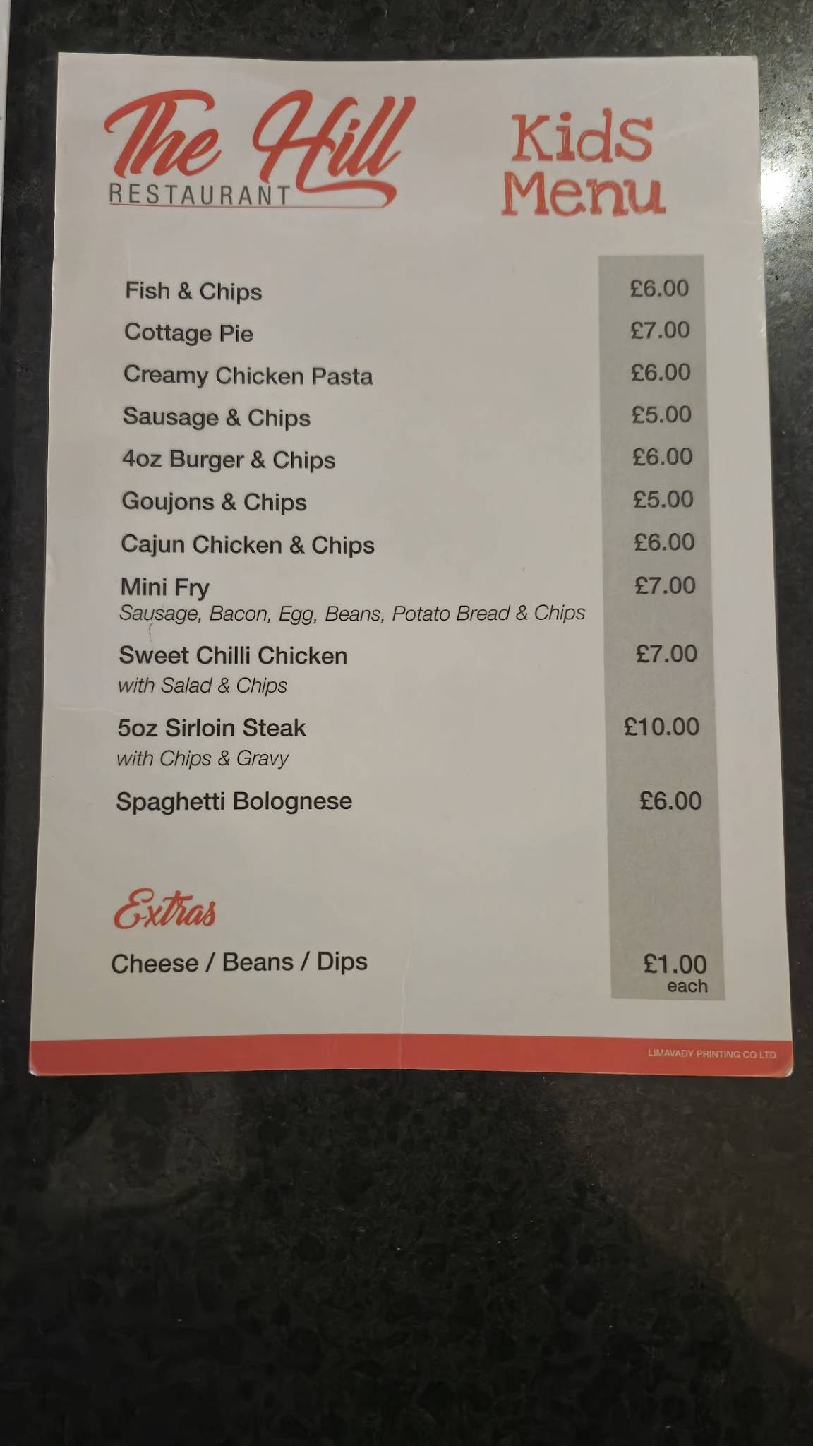 Menu at The Hill Restaurant, Limavady