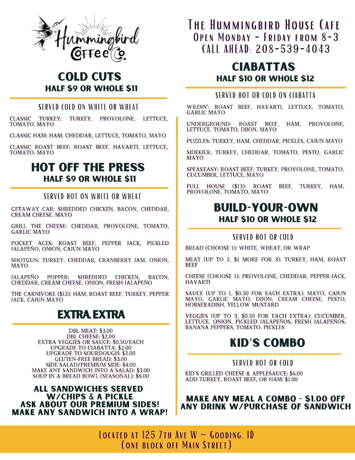 Menu at The Hummingbird House Cafe & Event Center, Gooding