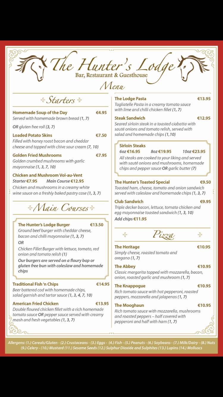 Menu at The Hunters Lodge pub & bar, Newmarket on Fergus