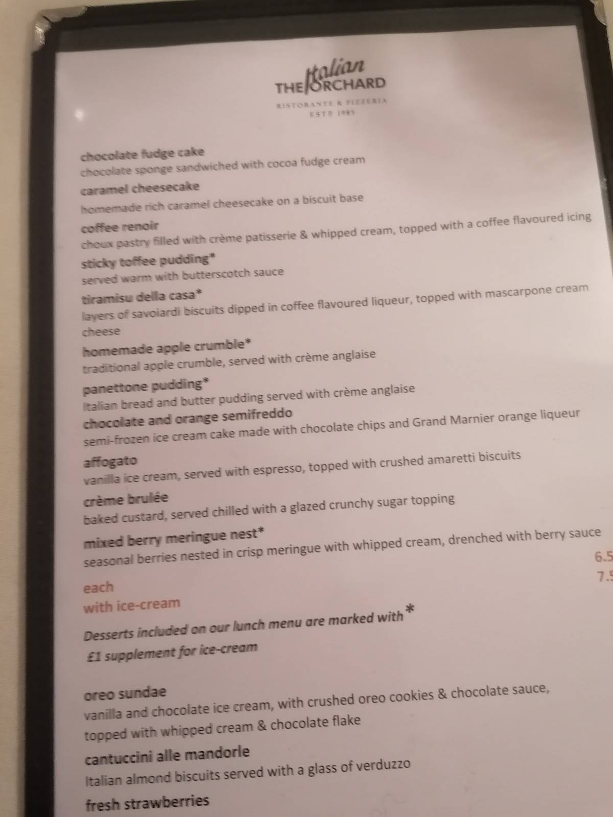Menu at The Italian Orchard restaurant, Preston, 96 Whittingham Ln