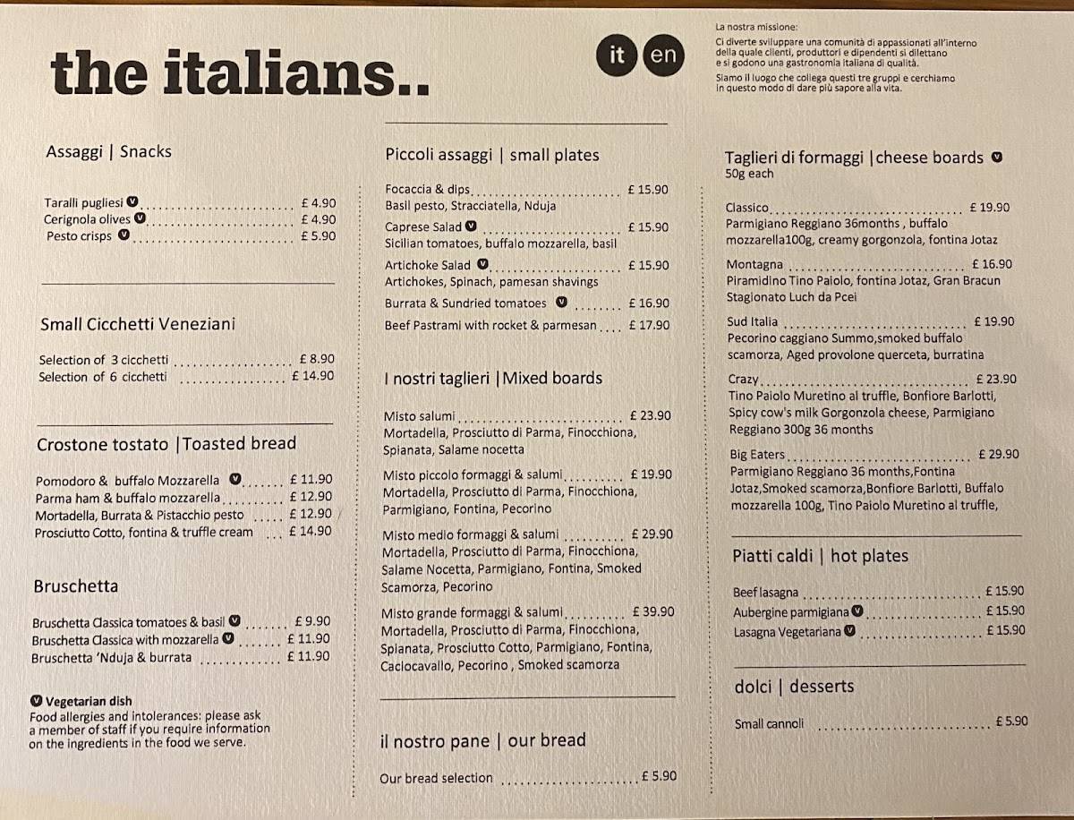 Menu at The Italians Wine Bar, London
