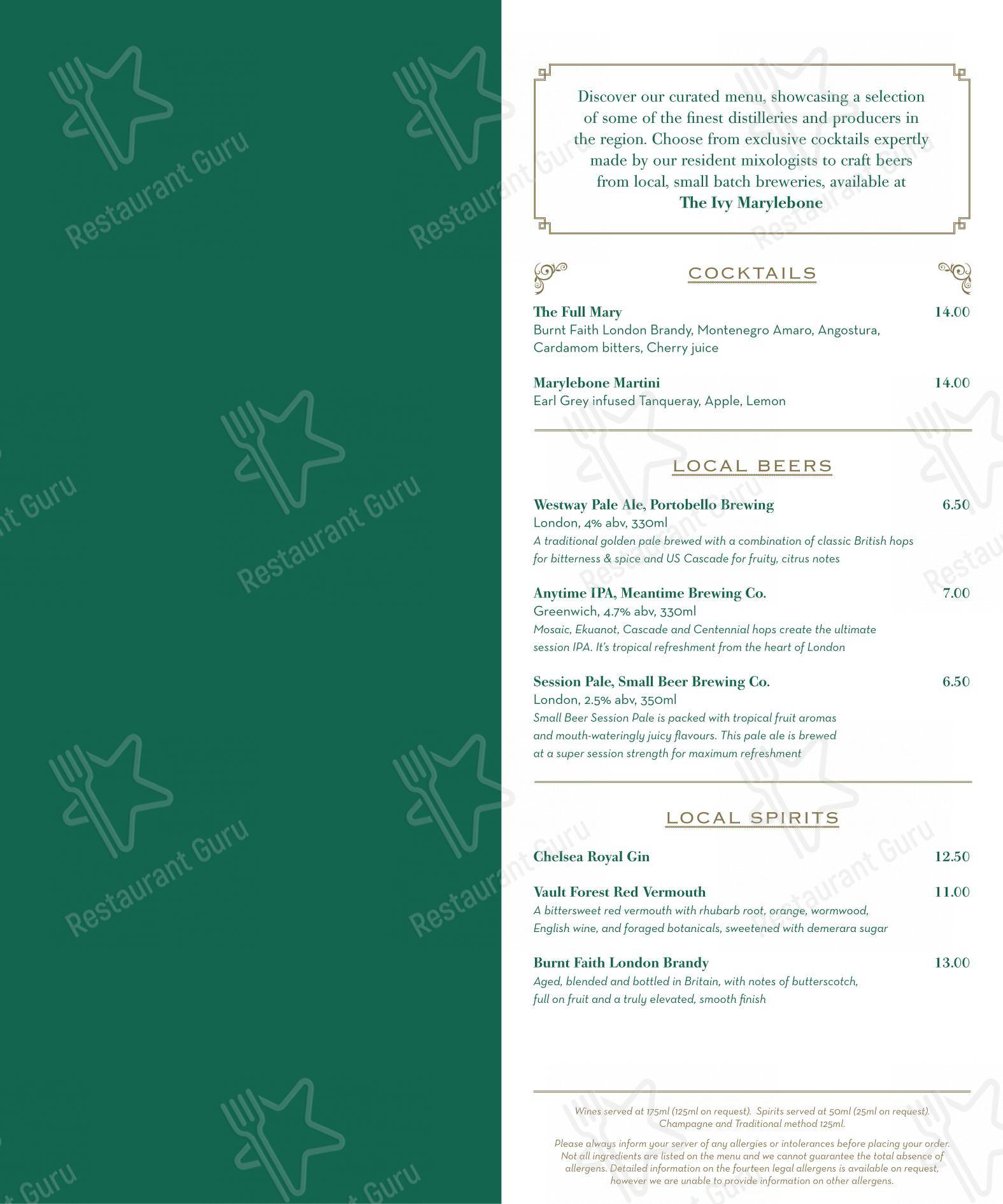 Menu at The Original Ivy, West End restaurant, London, 1-5 West St