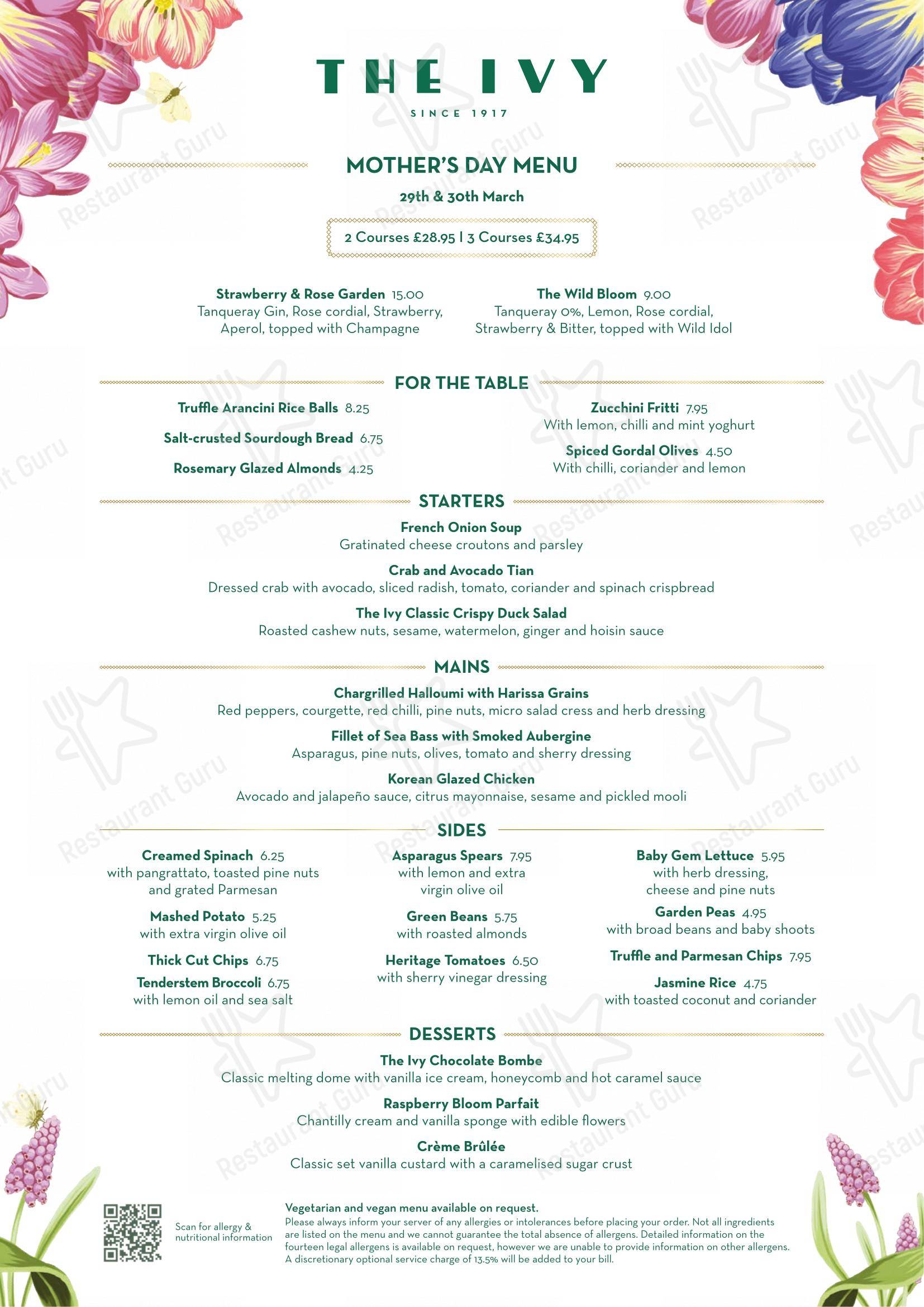 Menu at The Original Ivy, West End restaurant, London, 1-5 West St