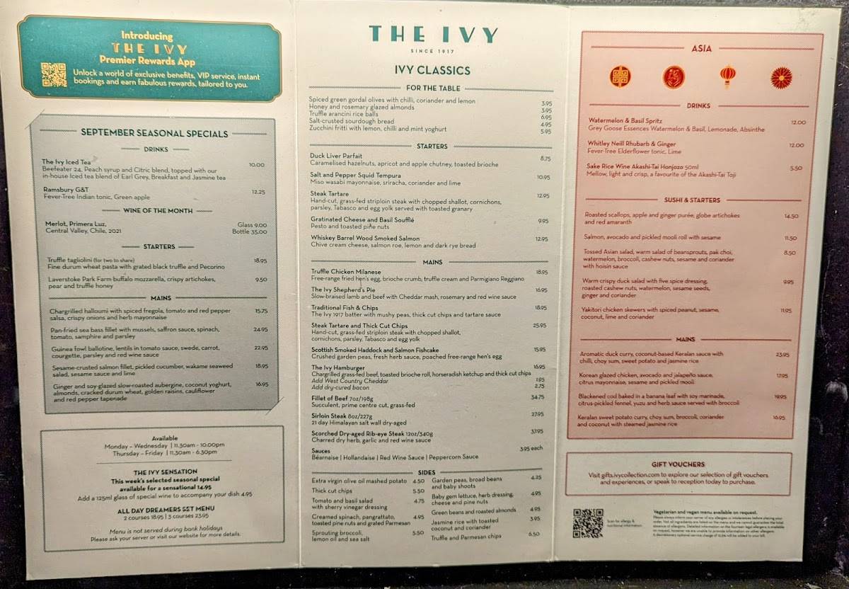 Menu at The Ivy Bath Brasserie & Garden restaurant, Bath