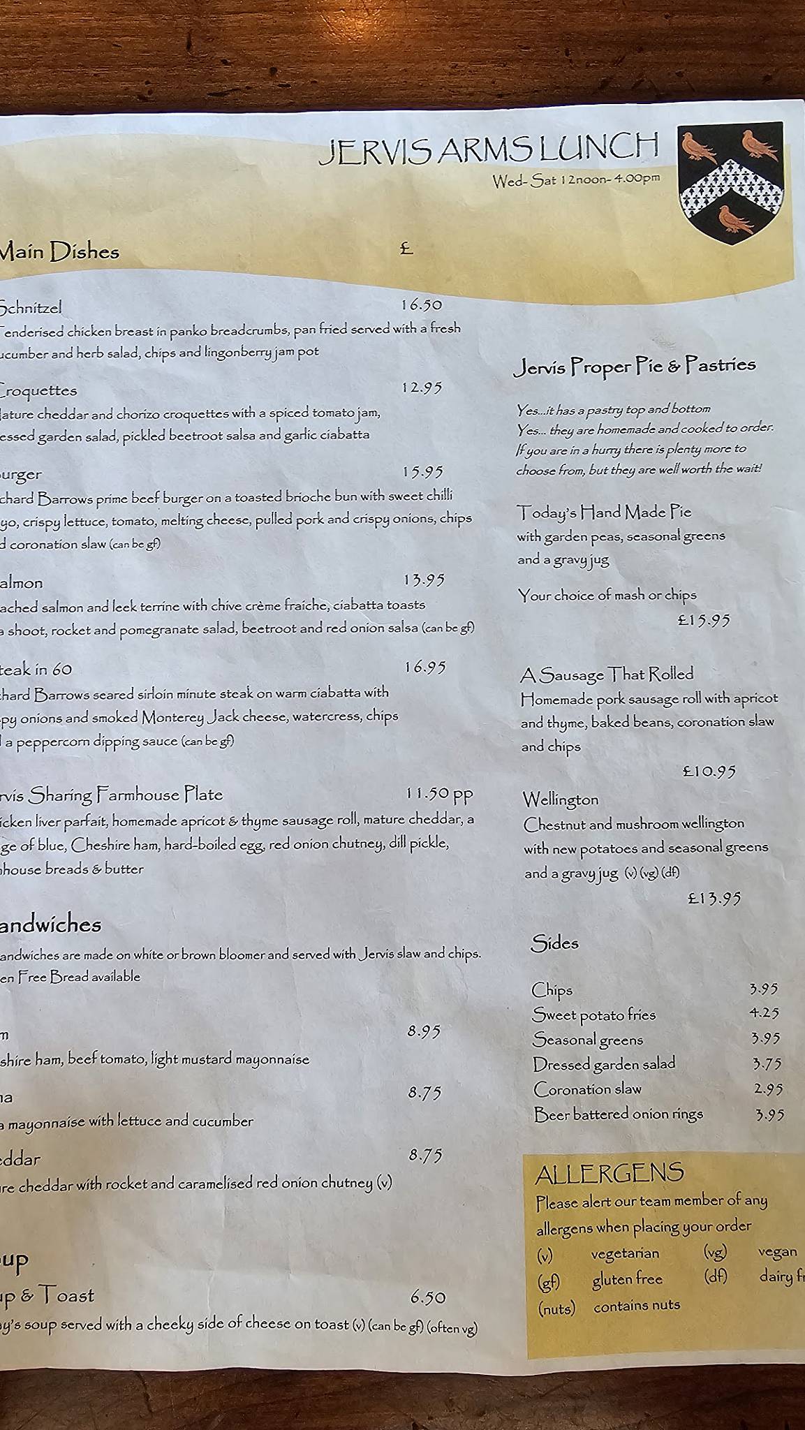 Menu at The Jervis Arms pub & bar, Onecote, Onecote