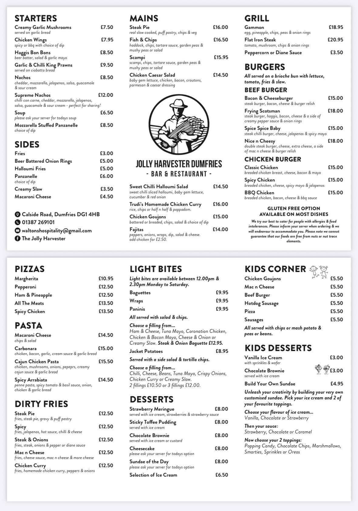 Menu at The Jolly Harvester Bar & Restaurant, Dumfries