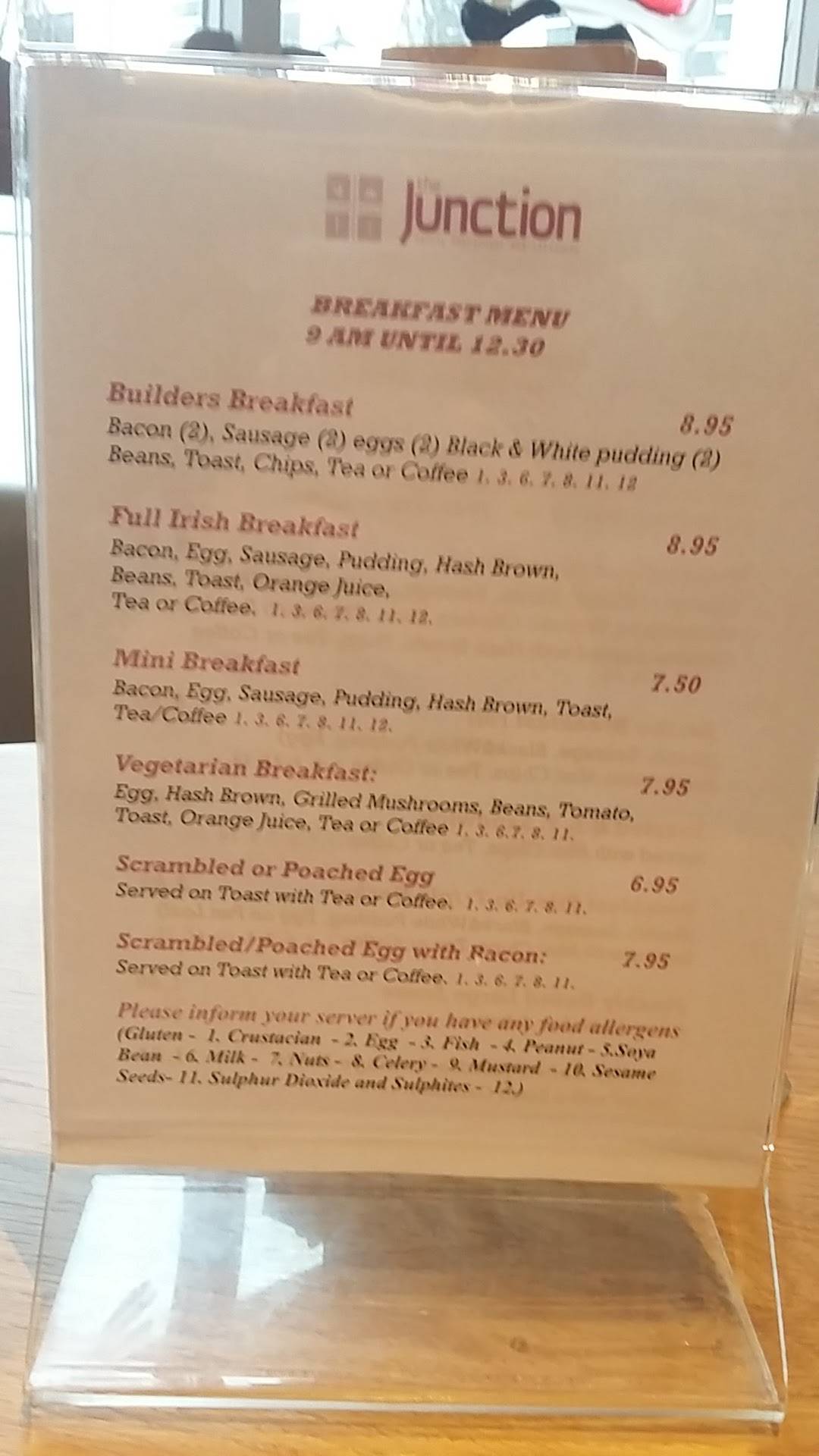 Menu at The Junction restaurant, Ballina