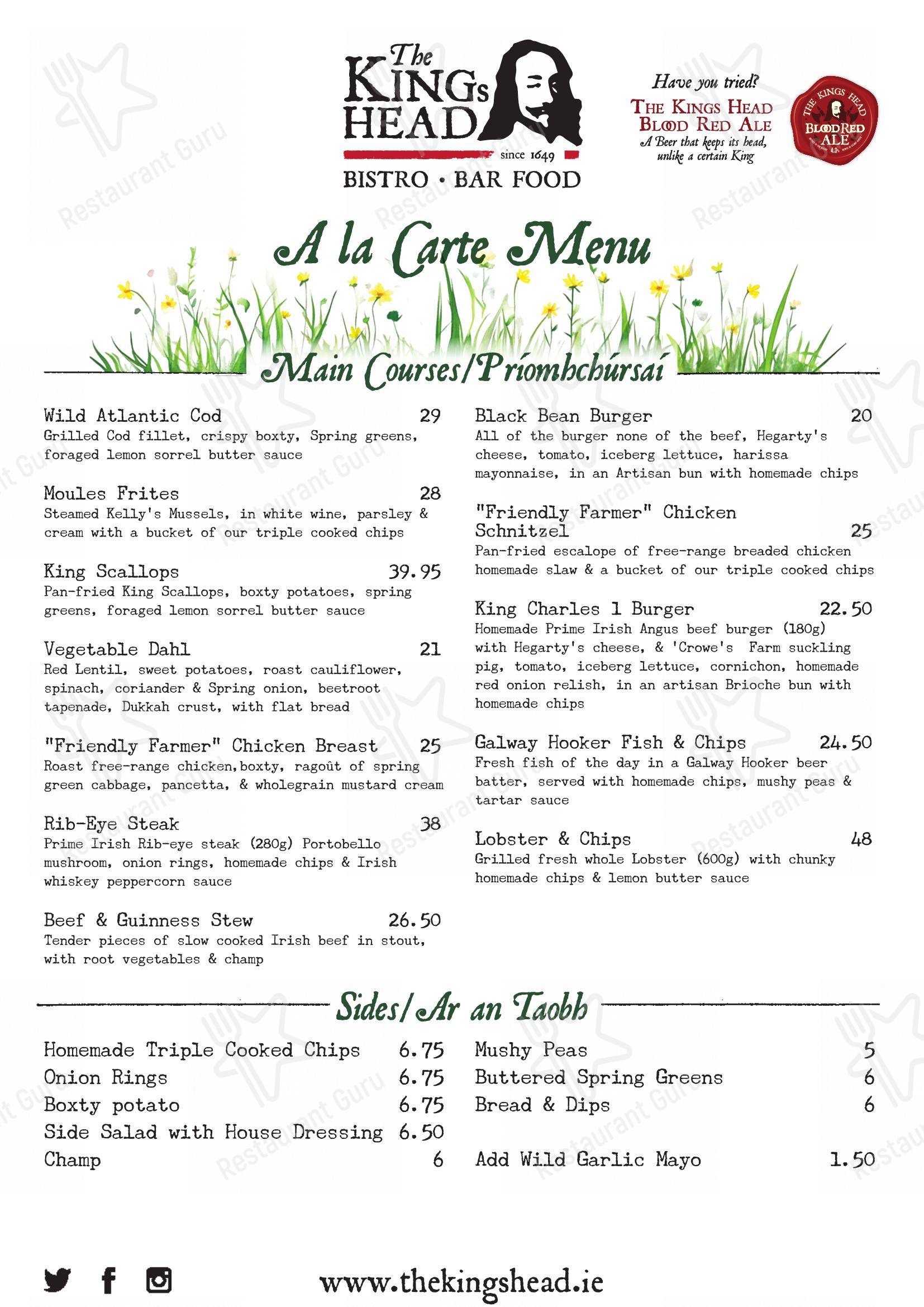 Menu at The Kings Head pub & bar, Galway