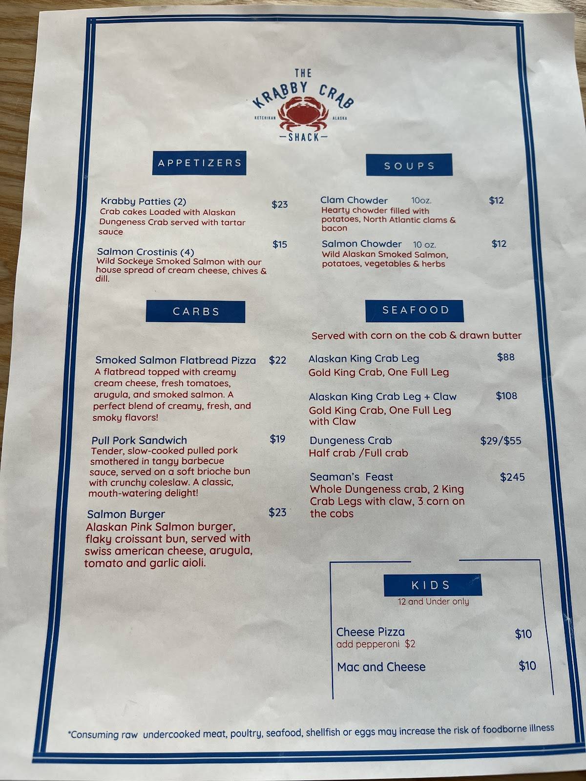 Menu at The Krabby Crab Shack restaurant, Ketchikan