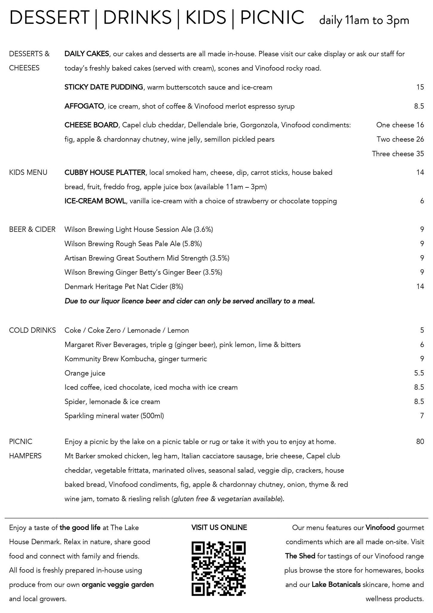 Menu at The Lake House Denmark restaurant, Denmark