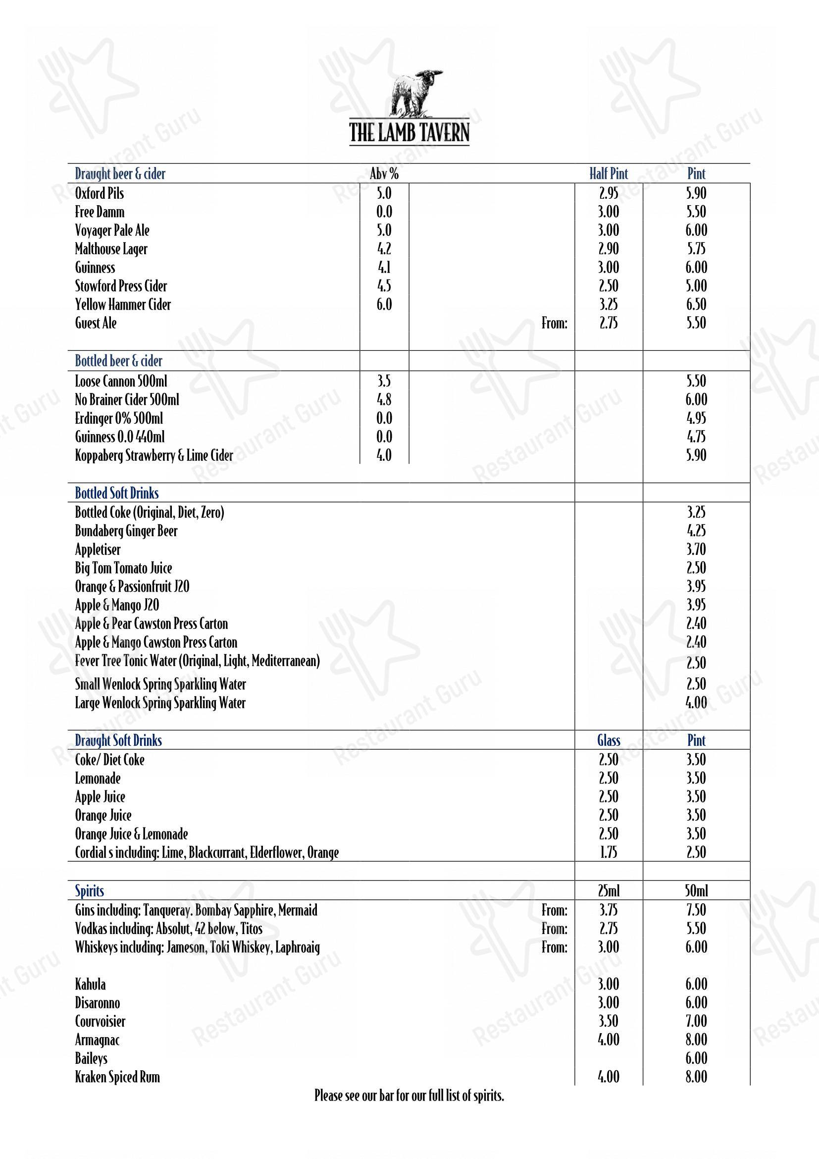 Menu at The Lamb Tavern, Buckland pub & bar, Buckland