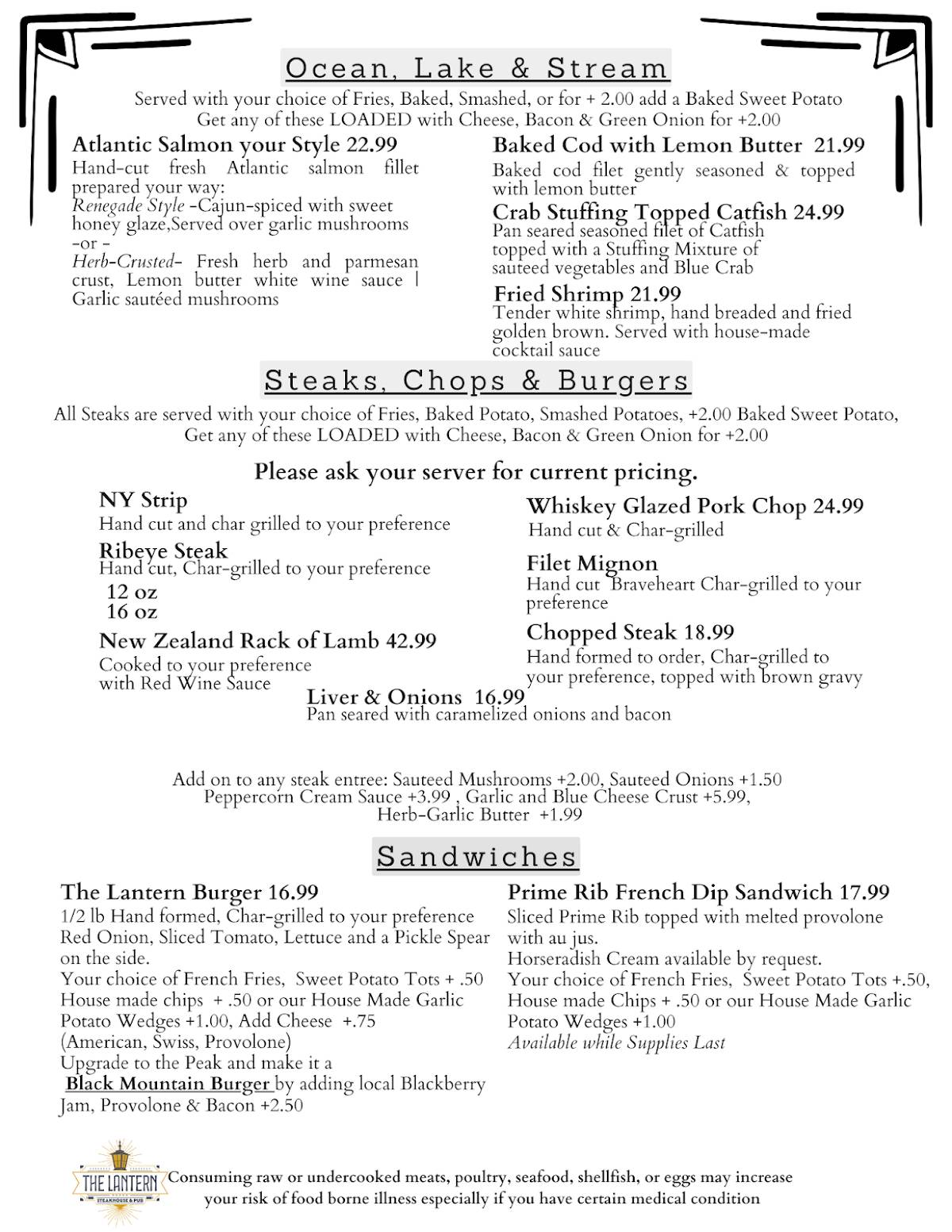 Menu at The Lantern Steakhouse & Pub, Crossville