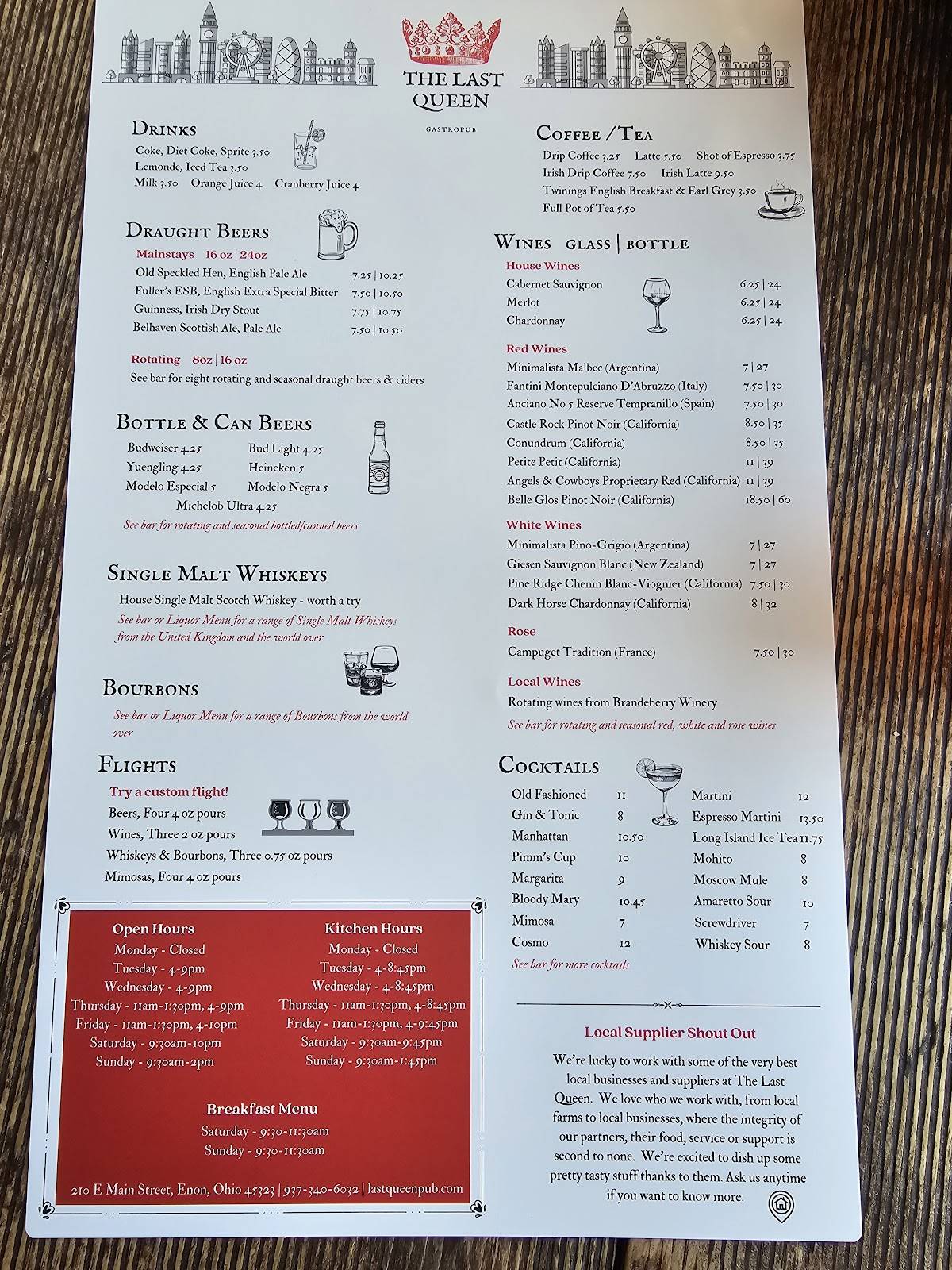 Menu at The Last Queen pub & bar, Enon