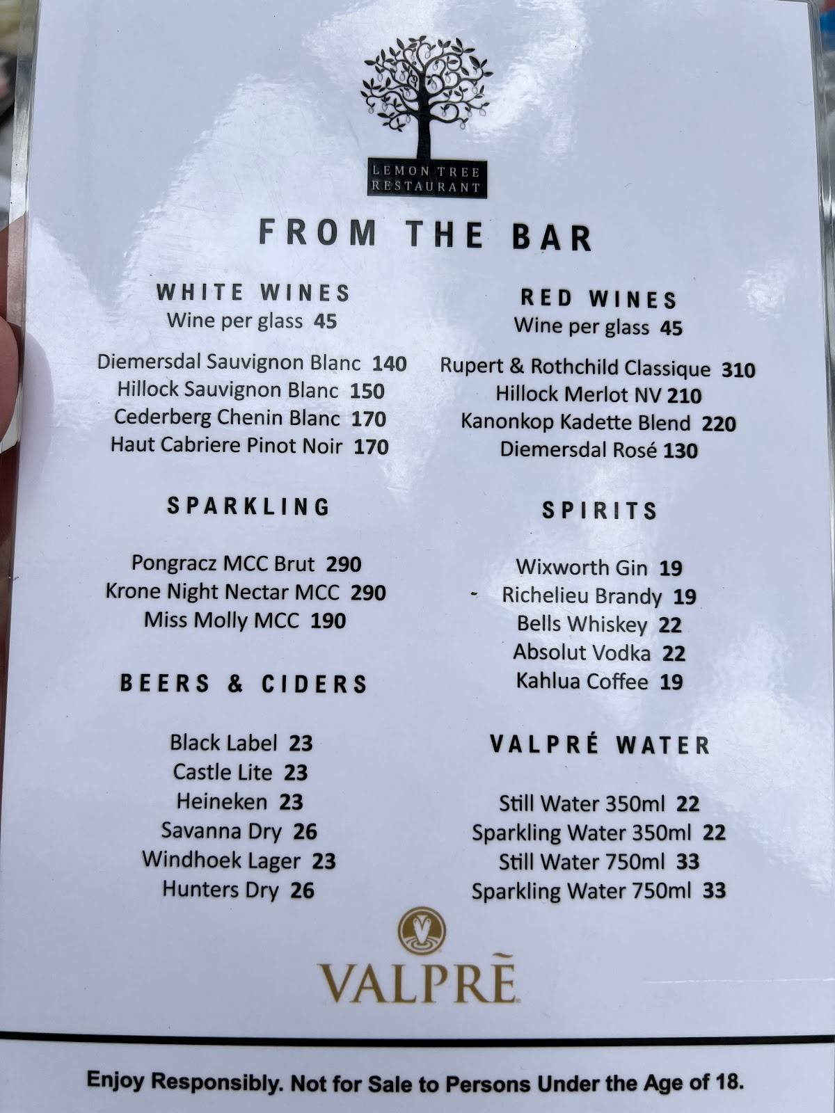 Menu at The Lemon Tree Restaurant, South Africa, 22 1st Ave