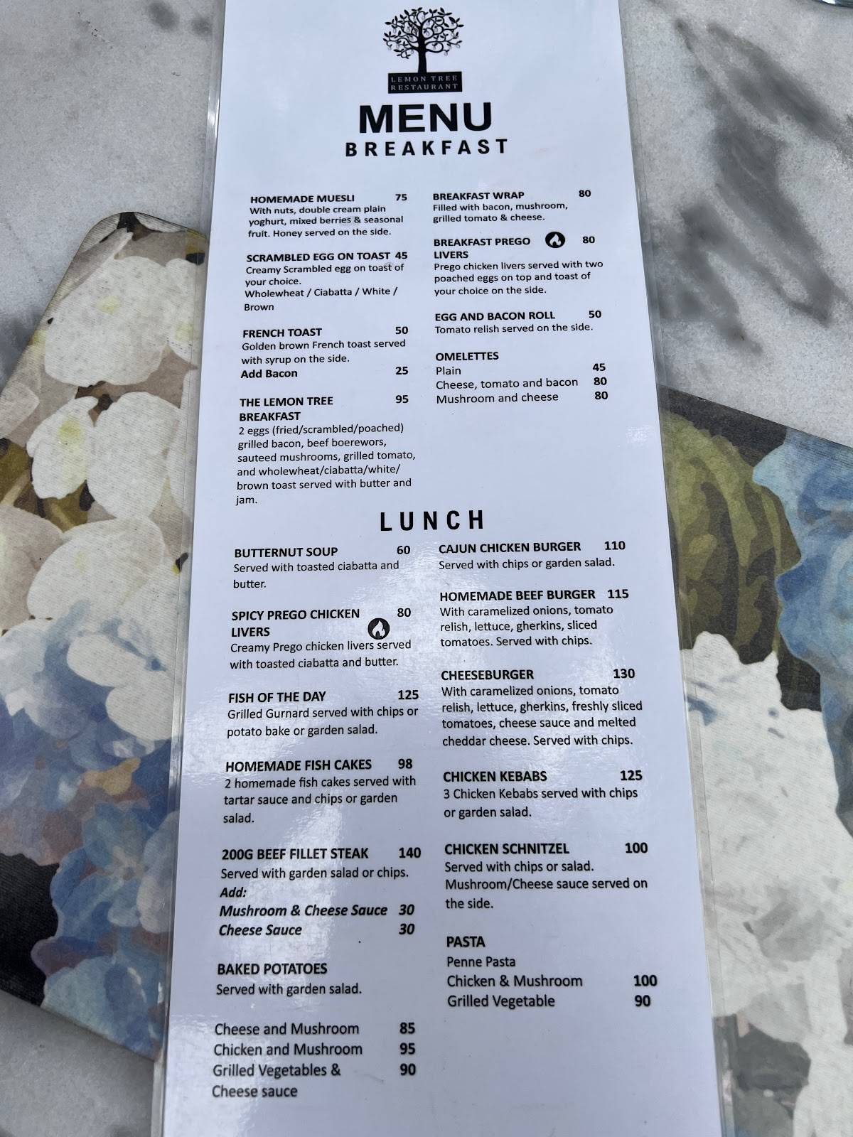 Menu at The Lemon Tree Restaurant, South Africa, 22 1st Ave
