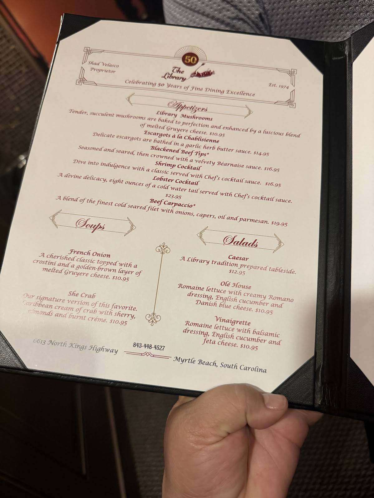 Menu at The Library Restaurant, Myrtle Beach, N Kings Hwy Unit D
