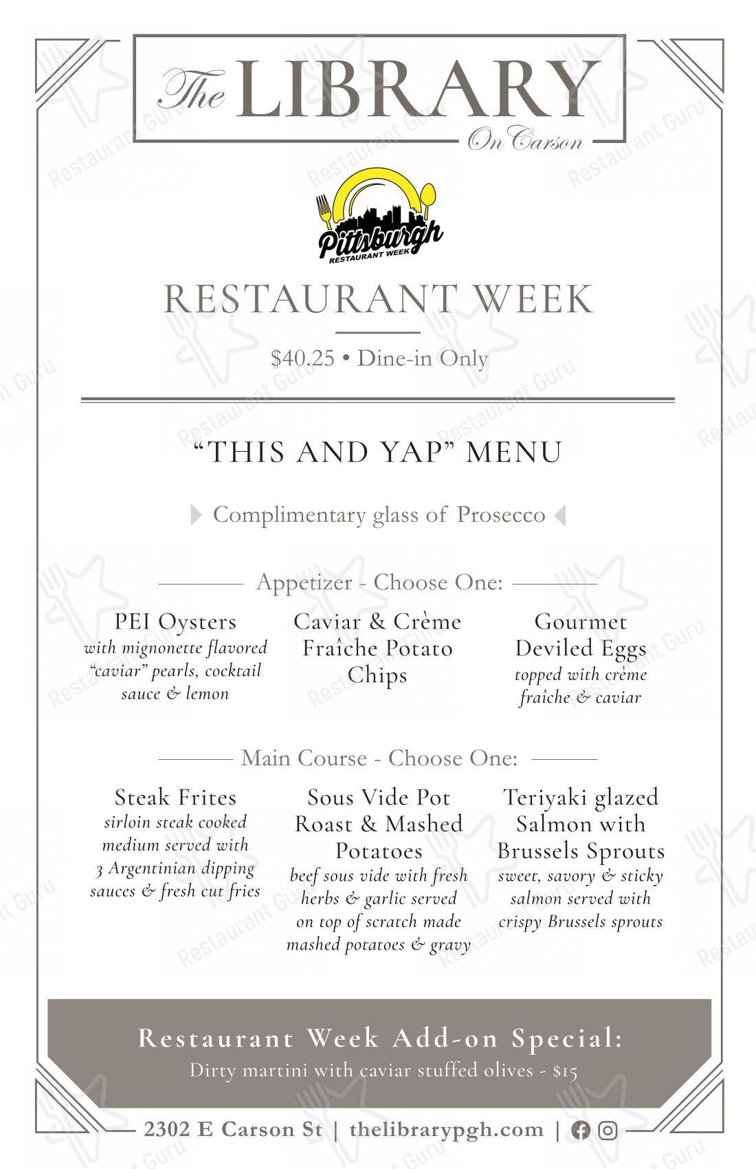 Menu at The Library on Carson pub & bar, Pittsburgh