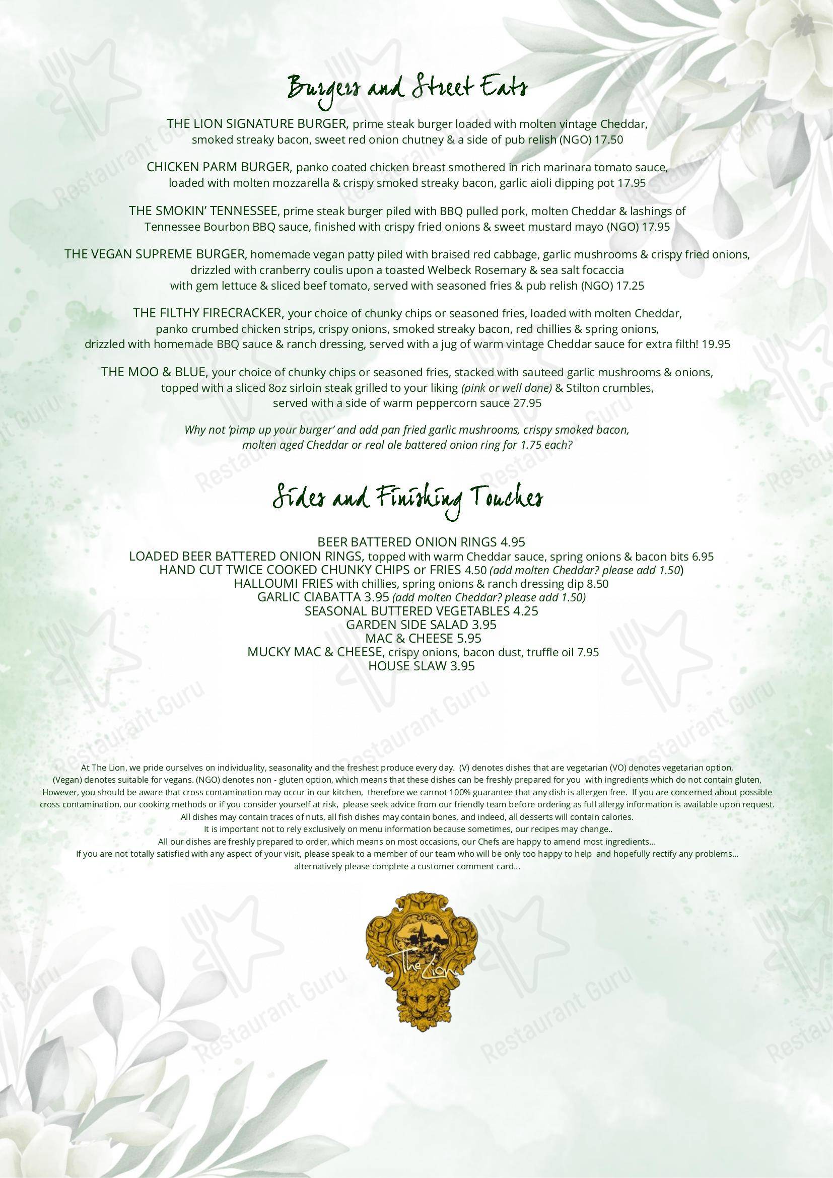 Menu at The Lion at Farnsfield pub & bar, Rufford