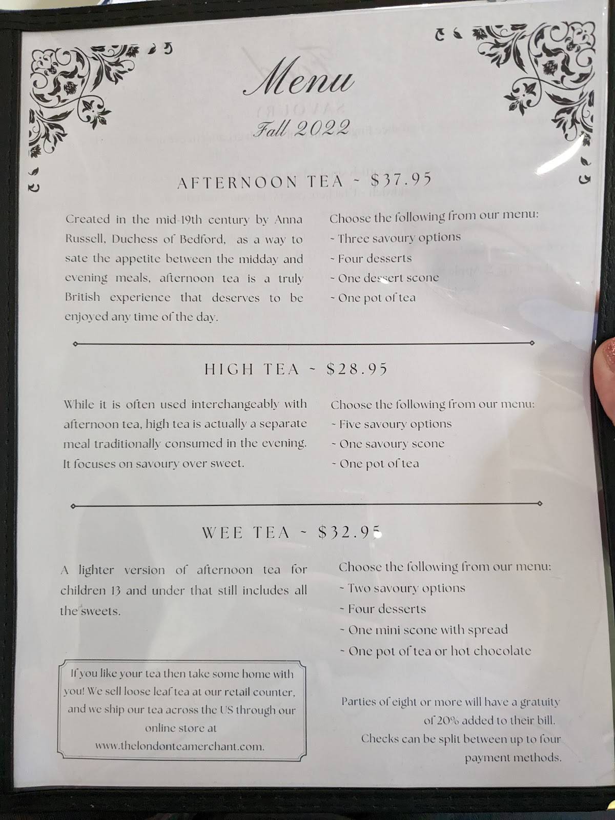 Menu at The London Tea Room restaurant, St. Louis, Locust St