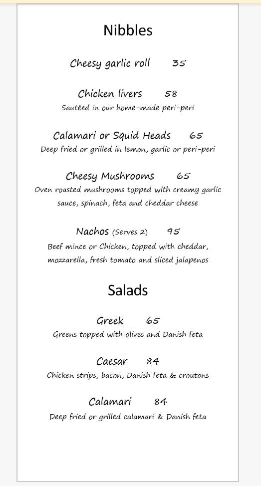 Menu at The Lookout restaurant, Durban
