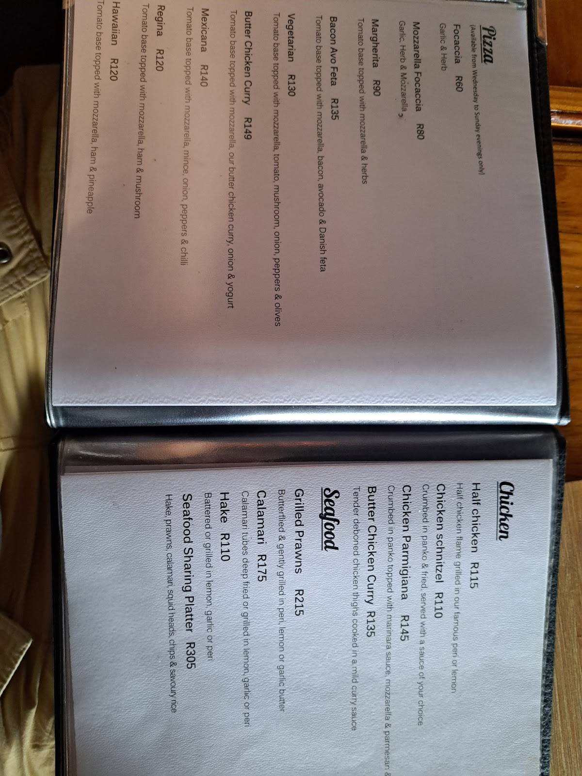 Menu at The Lookout restaurant, Durban