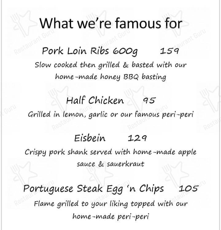 Menu at The Lookout restaurant, Durban