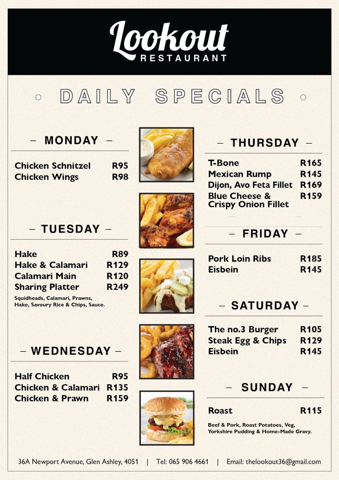 Menu at The Lookout restaurant, Durban