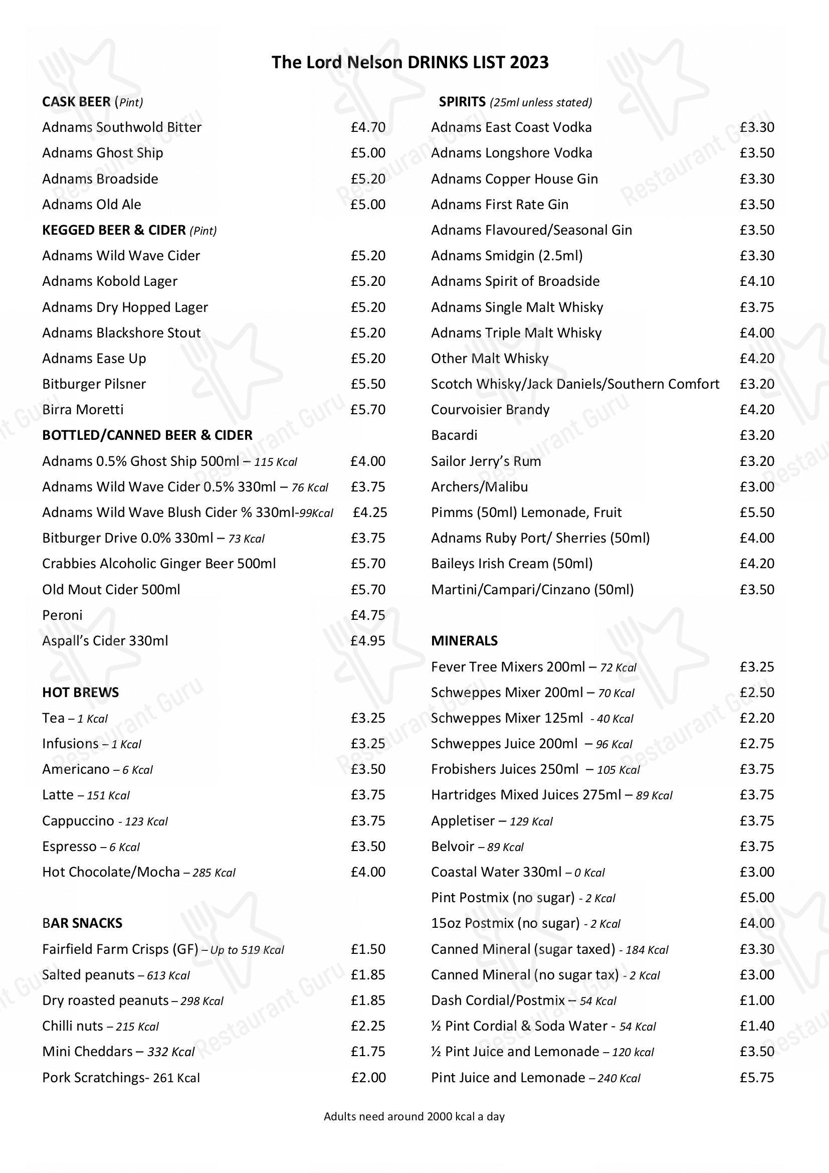 Menu at The Lord Nelson pub & bar, Southwold