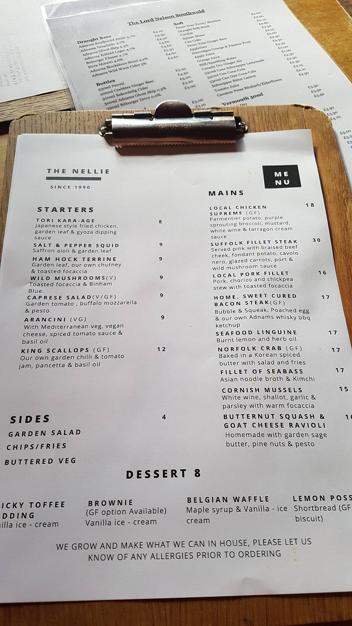 Menu at The Lord Nelson pub & bar, Southwold
