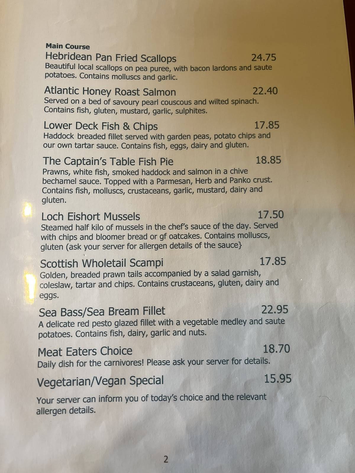 Menu at The Lower Deck Seafood Restaurant, Portree