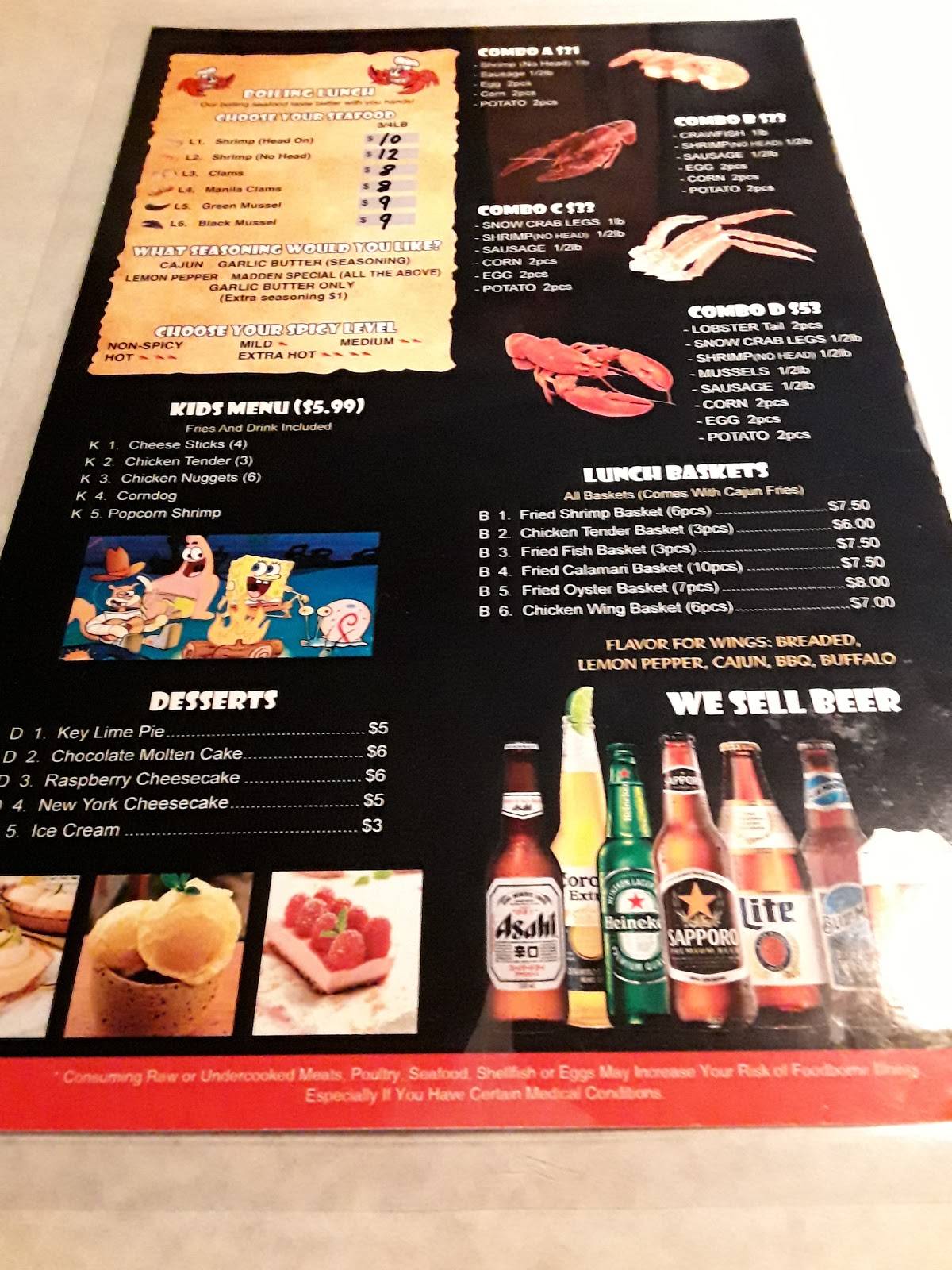 Menu at The Madden Crab restaurant, Tupelo