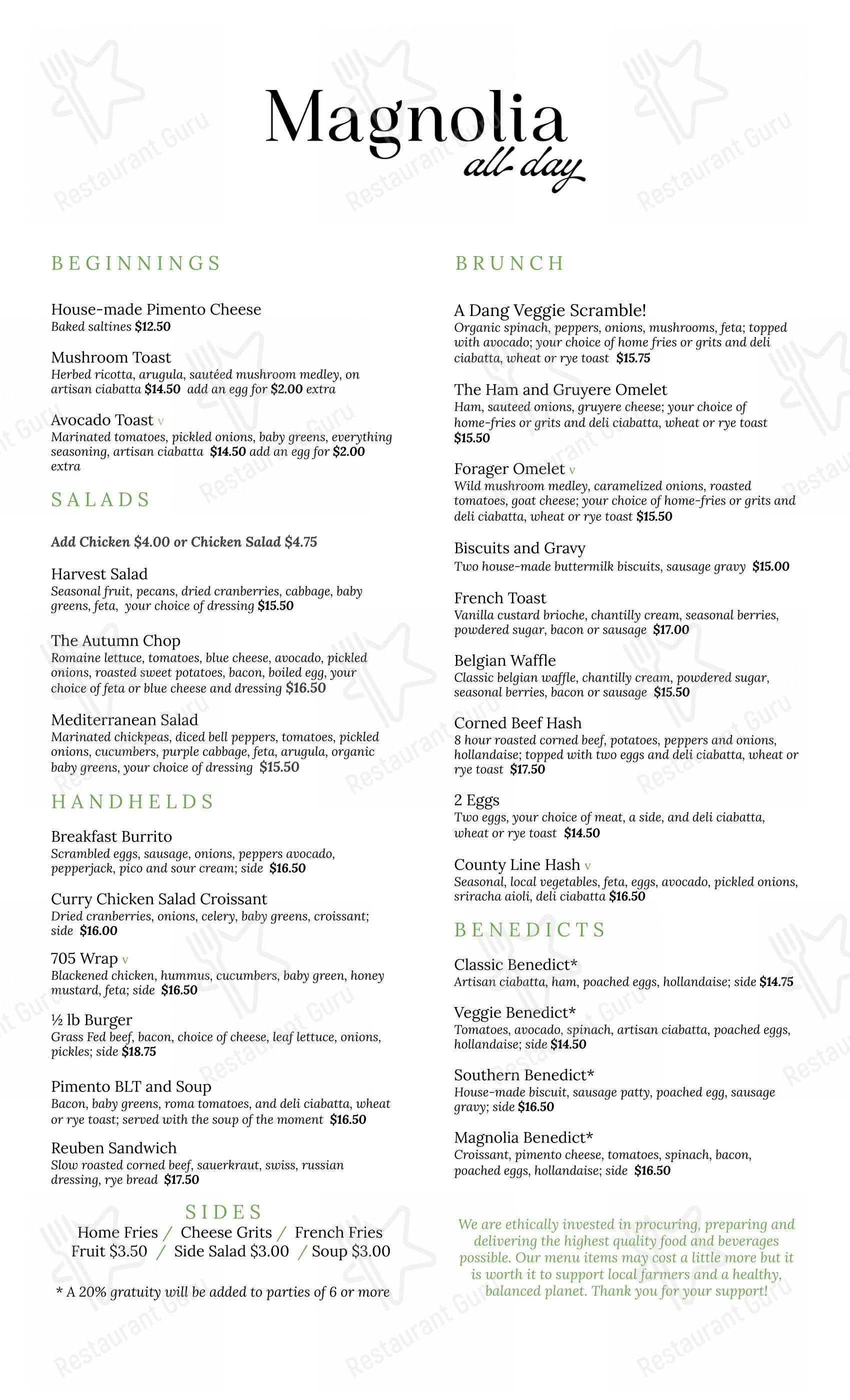 Menu at The Magnolia restaurant, Palatka