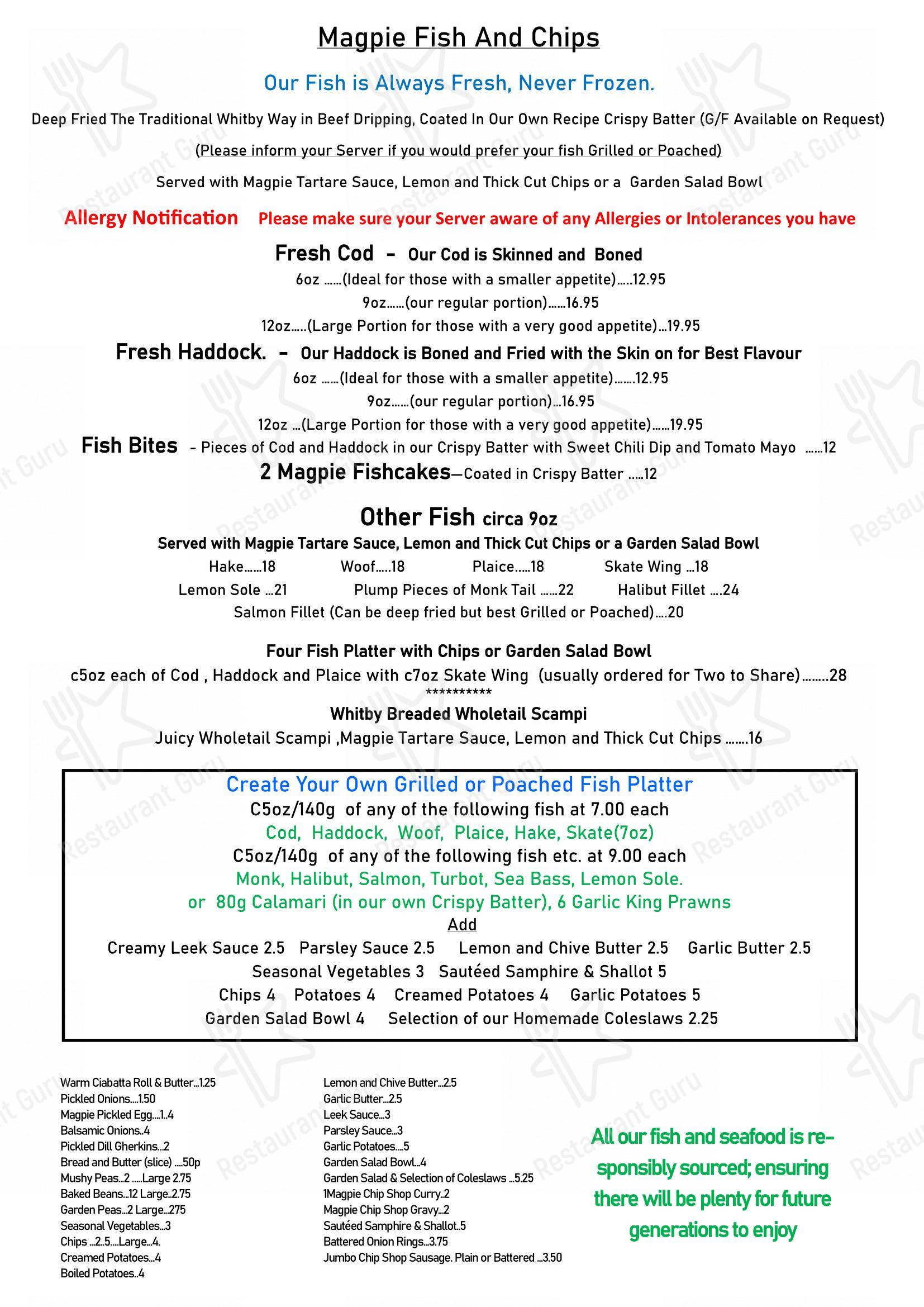 Menu at The Magpie Café restaurant, Whitby
