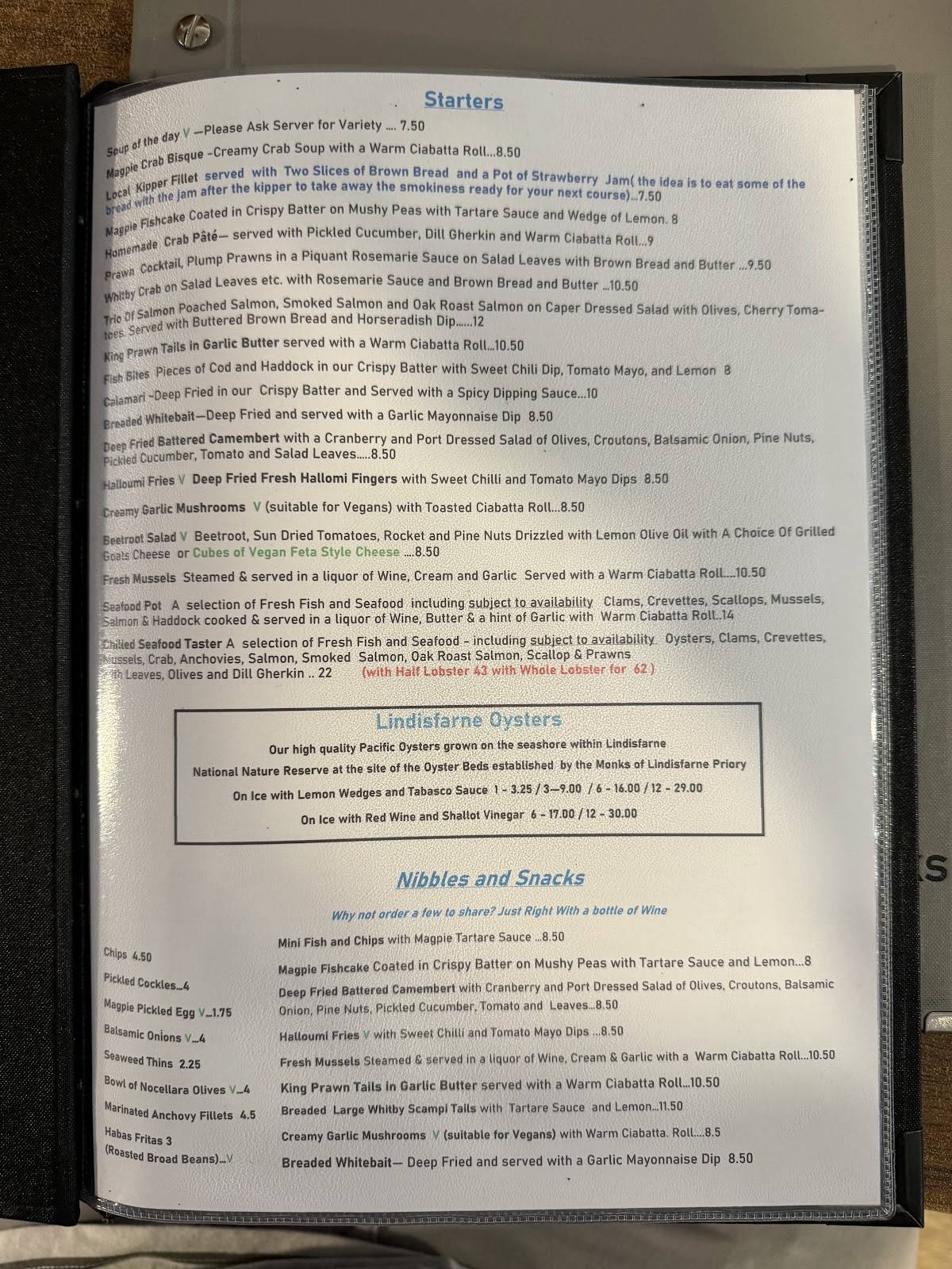 Menu at The Magpie Café restaurant, Whitby
