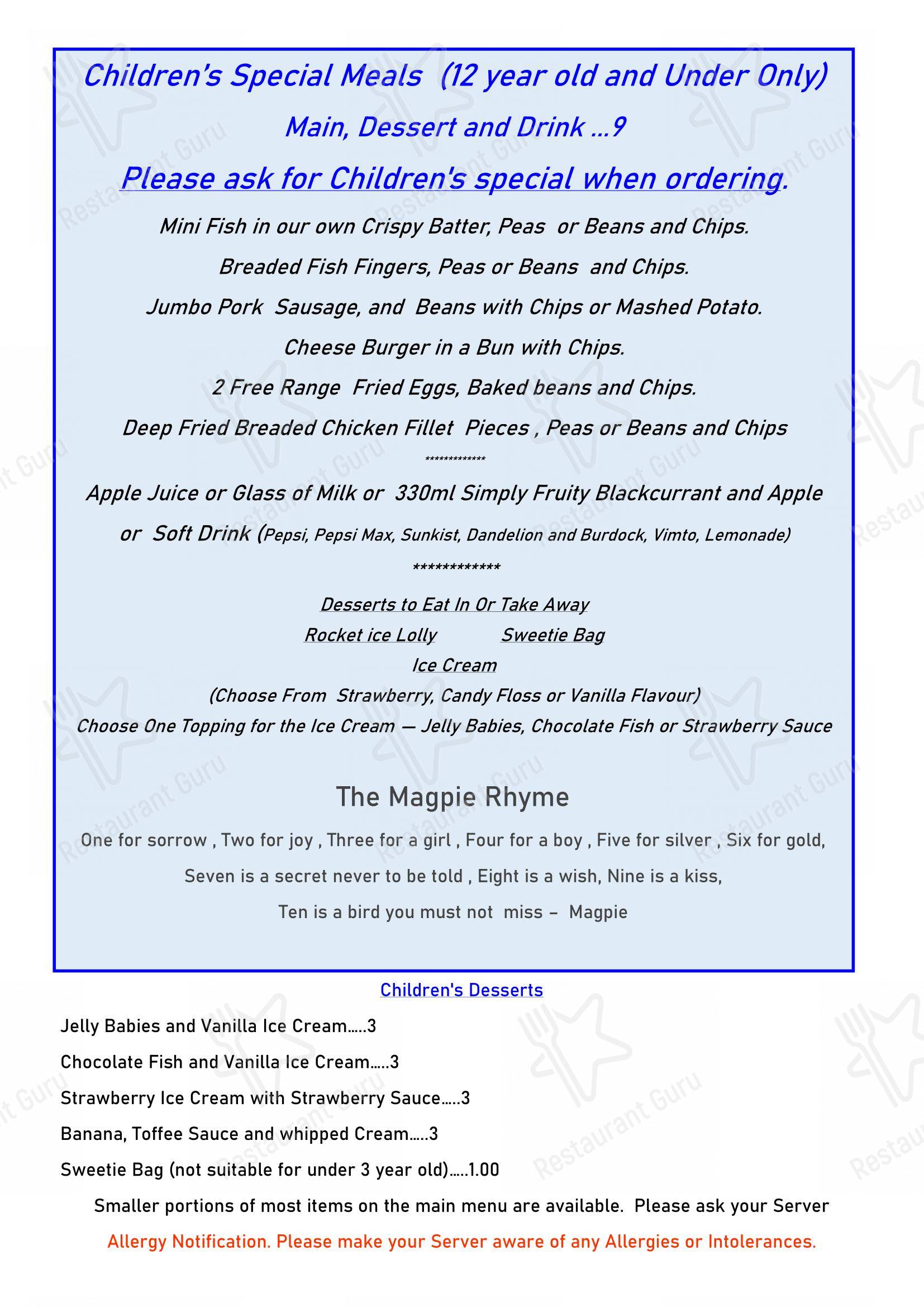 Menu at The Magpie Café restaurant, Whitby