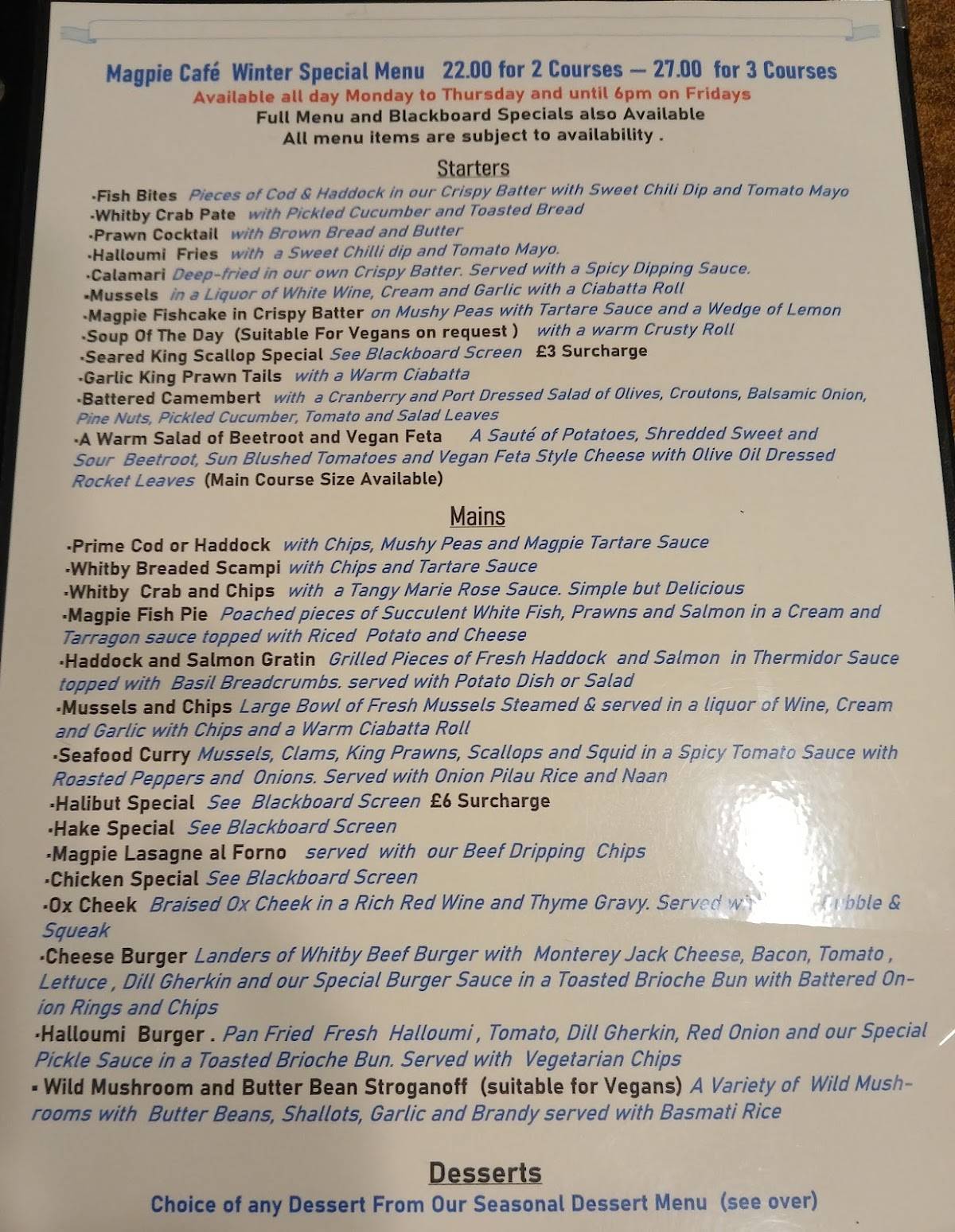 Menu at The Magpie Café restaurant, Whitby