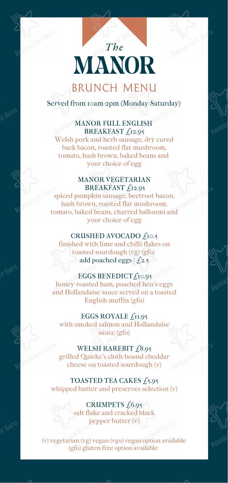 Menu at The Manor restaurant, Greasby