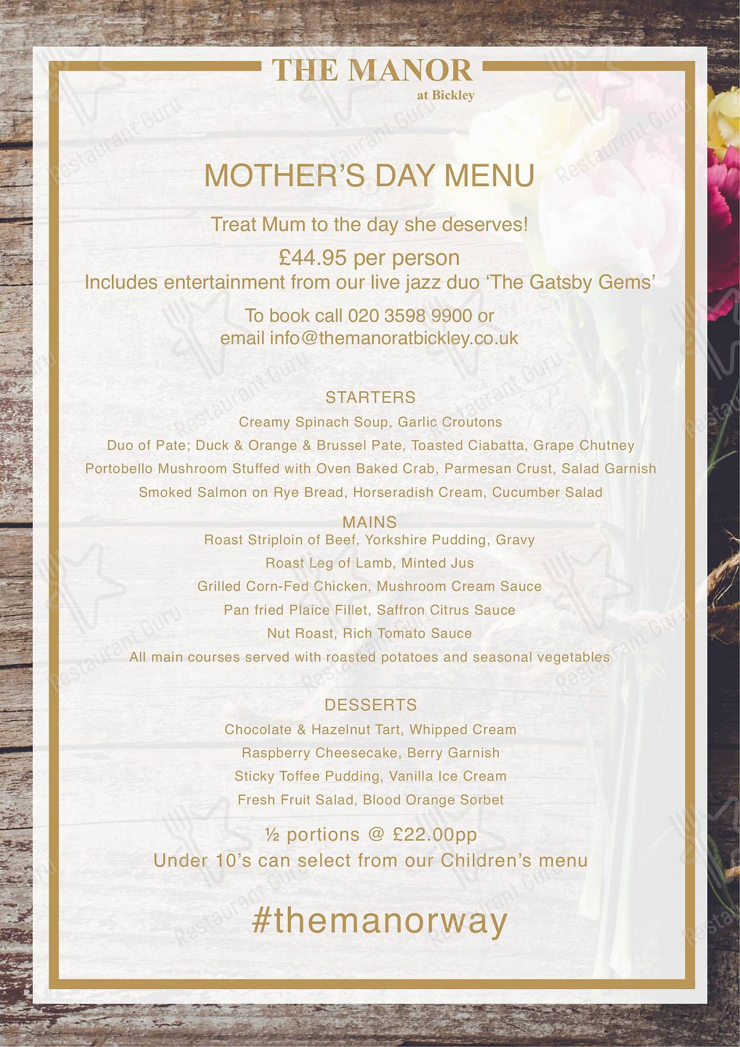 Menu at The Manor at Bickley restaurant, Bromley