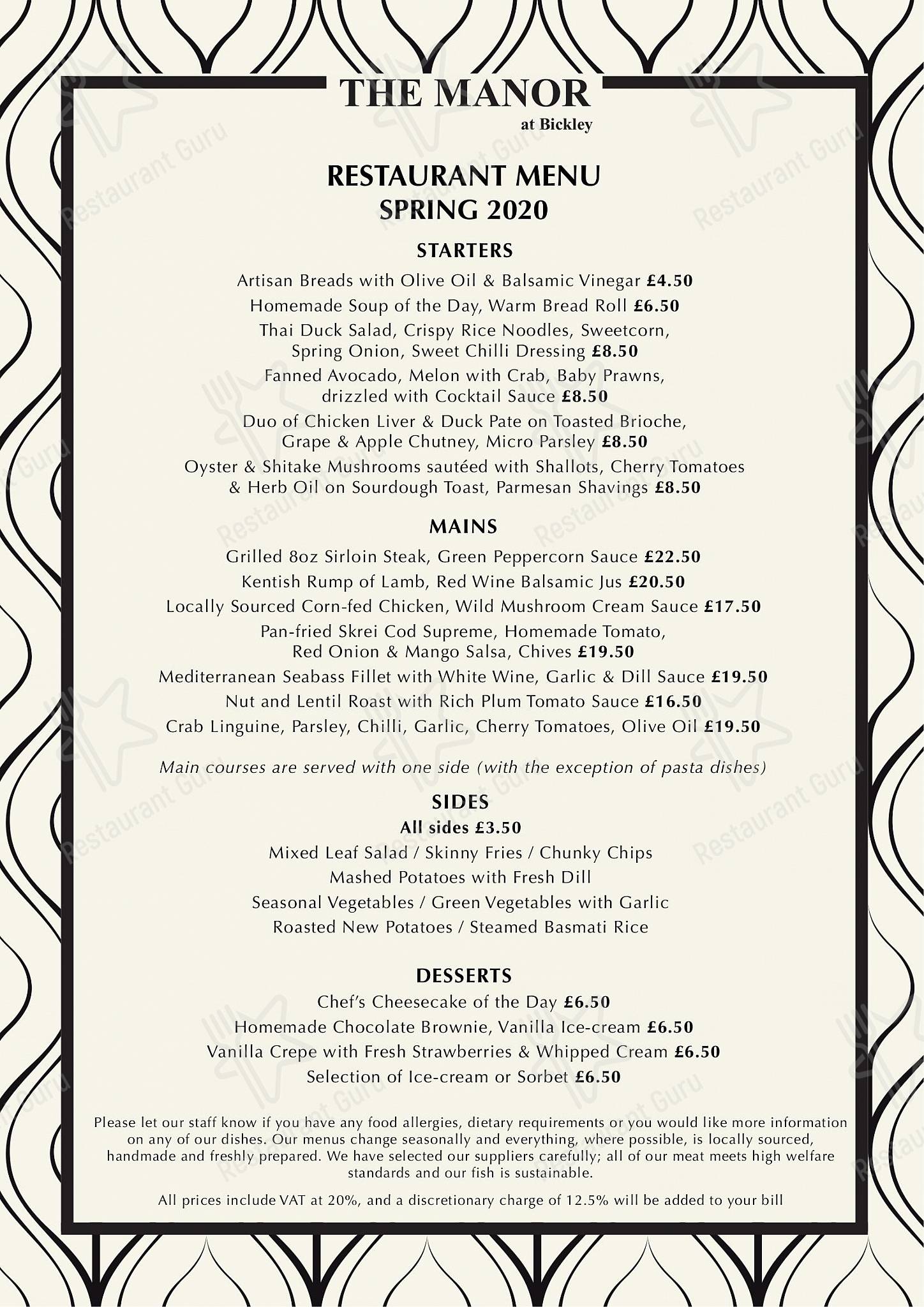 Menu at The Manor at Bickley restaurant, Bromley